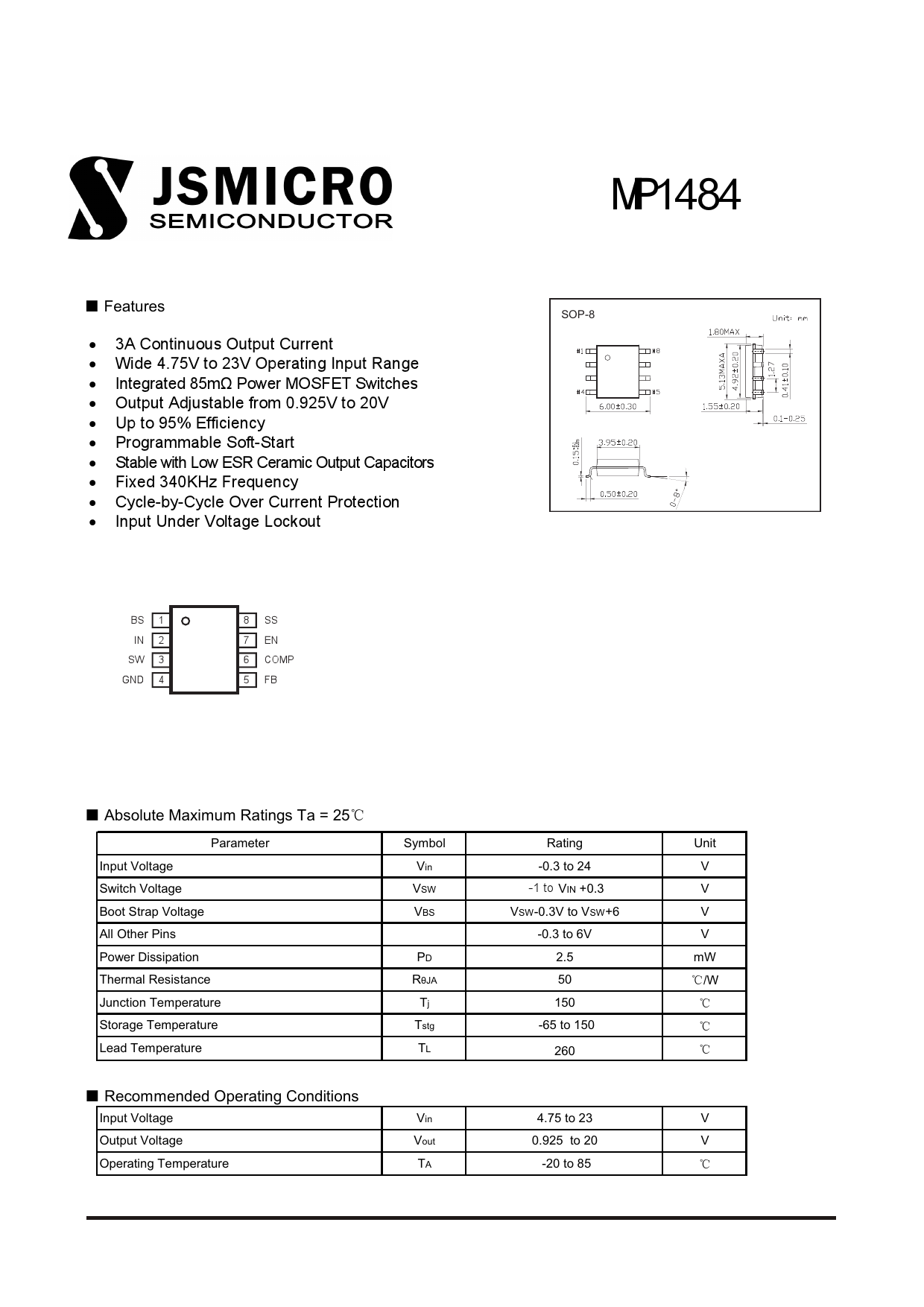 MP1484_（JSMSEMI(杰盛微)）MP1484中文资料_价格_PDF手册-立创电子商城