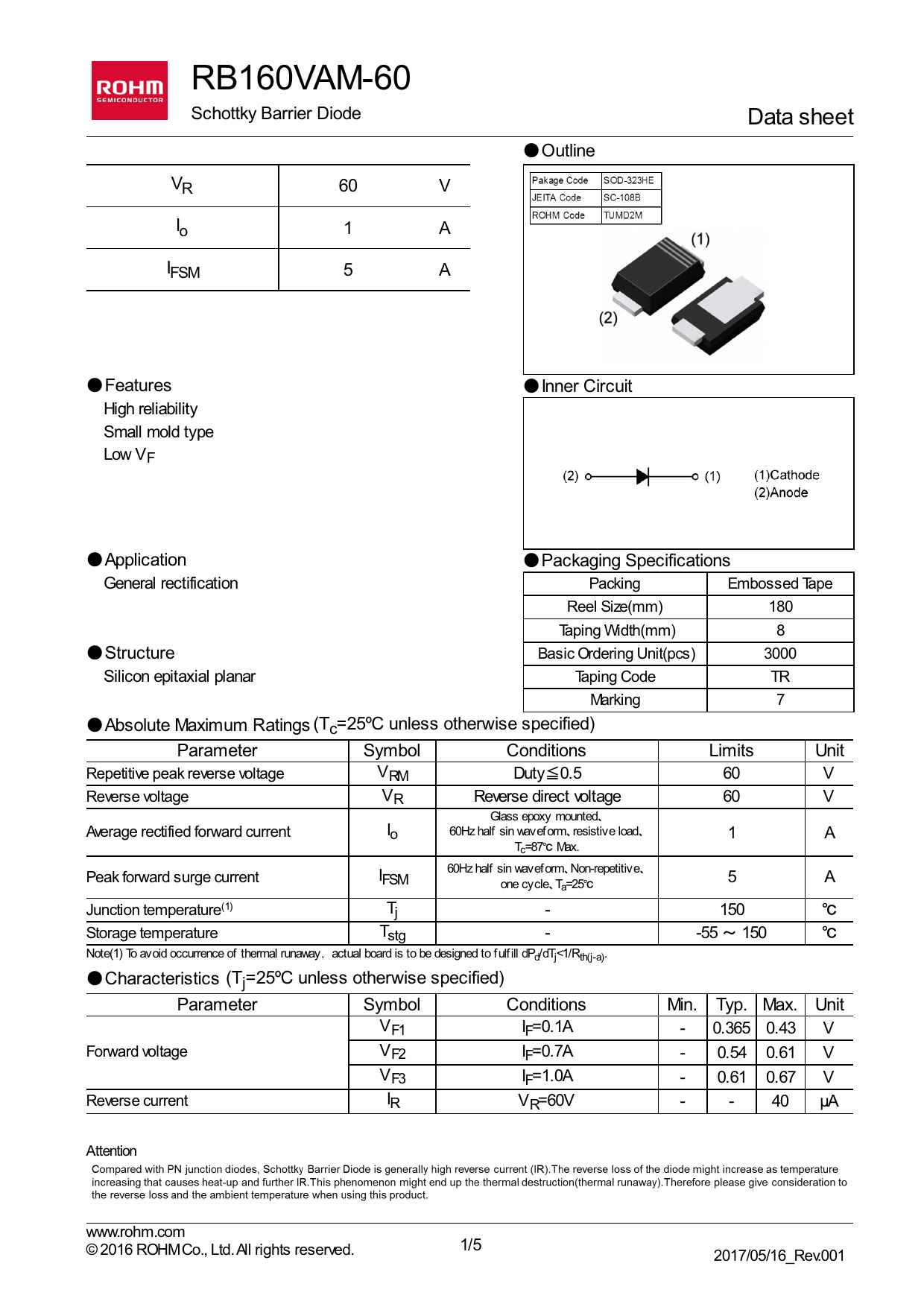RB160VAM-60_（ROHM(罗姆)）RB160VAM-60中文资料_价格_PDF手册-立创电子商城