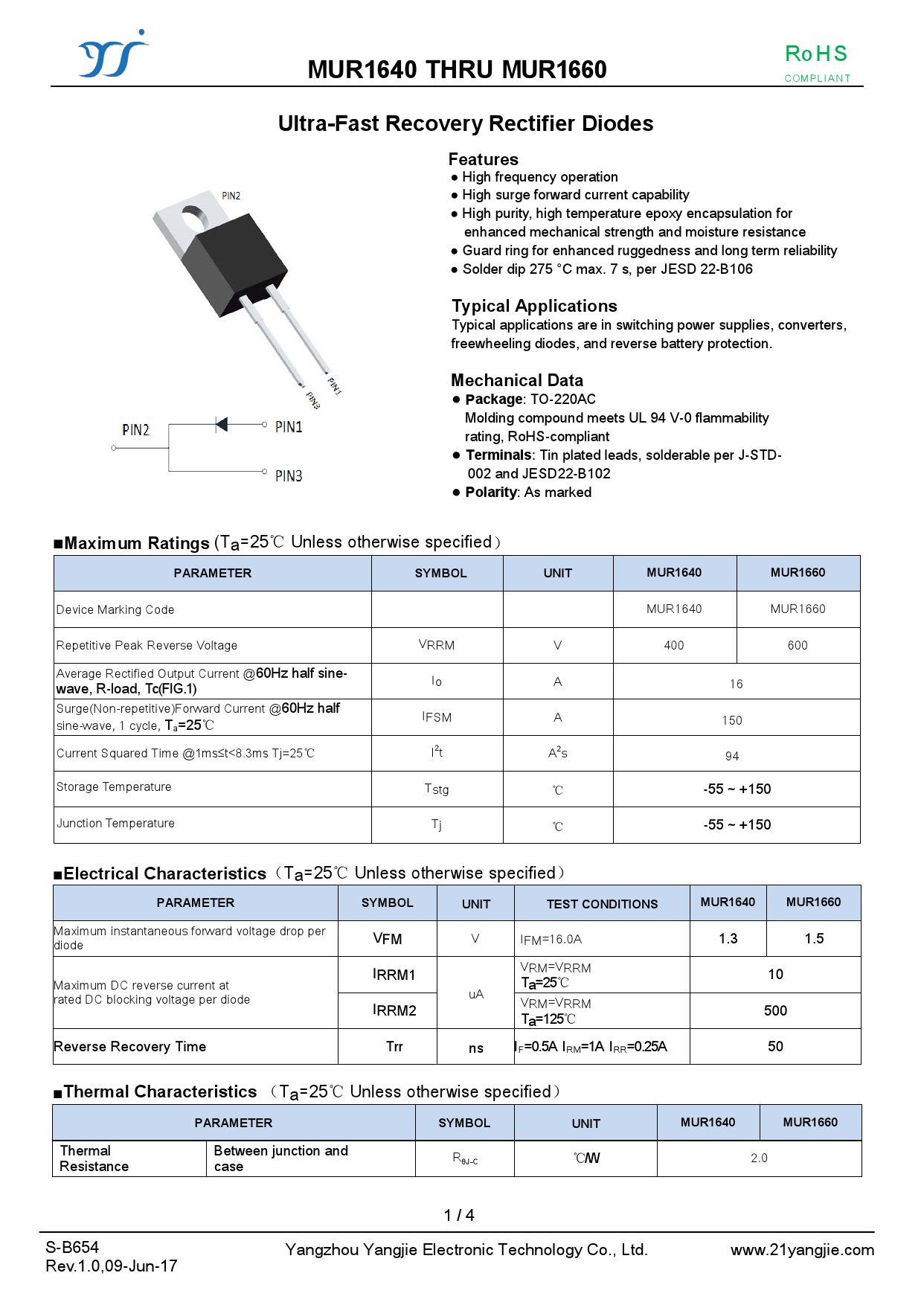 MUR1660_（YANGJIE(扬杰)）MUR1660中文资料_价格_PDF手册-立创电子商城