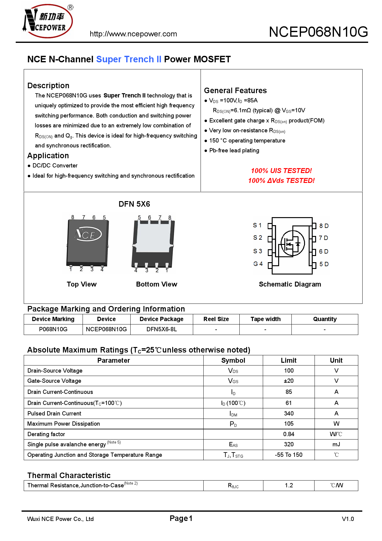 NCEP068N10G_（NCE(无锡新洁能)）NCEP068N10G中文资料_价格_PDF手册-立创电子商城