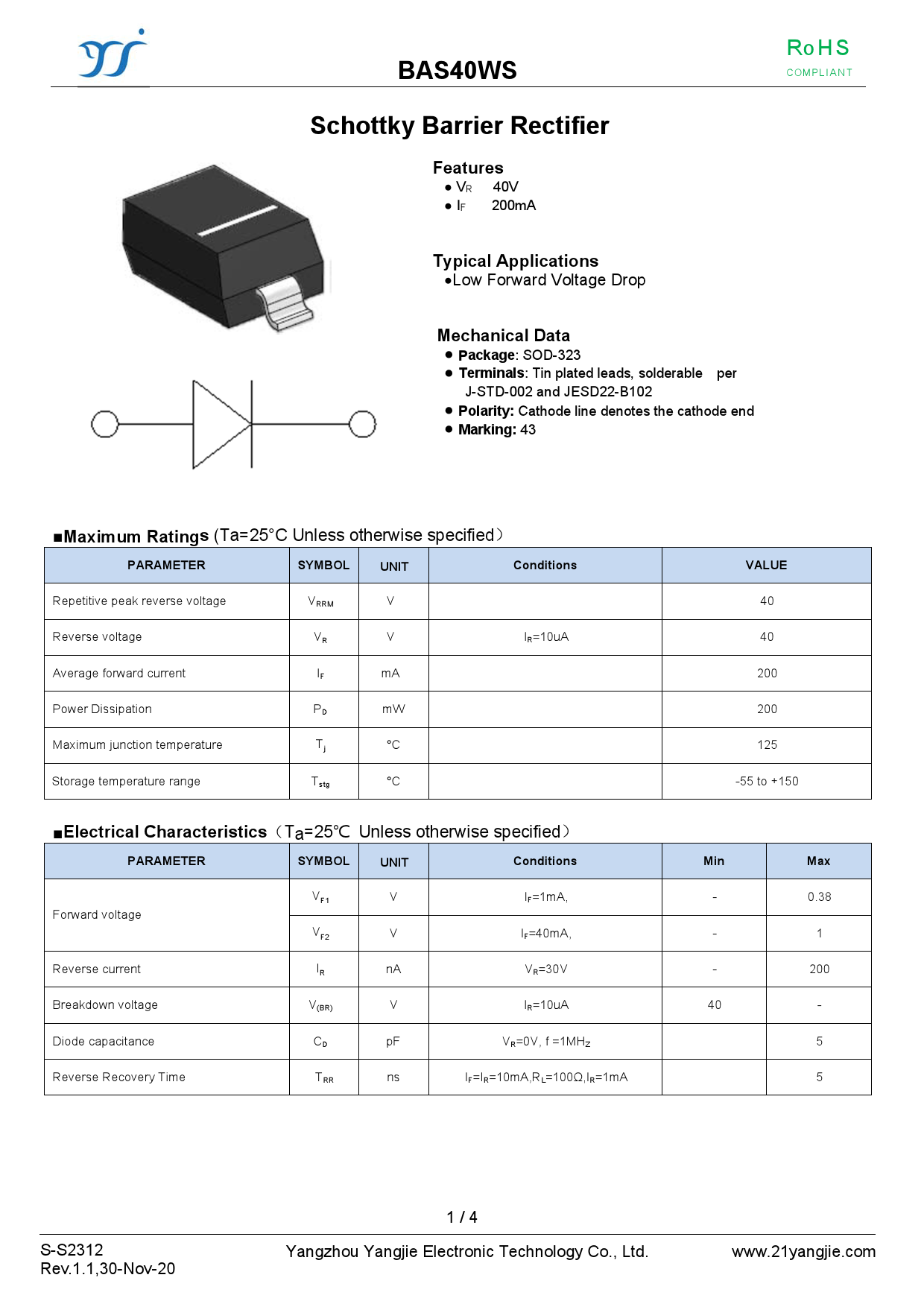 BAS40WS_（YANGJIE(扬杰)）BAS40WS中文资料_价格_PDF手册-立创电子商城