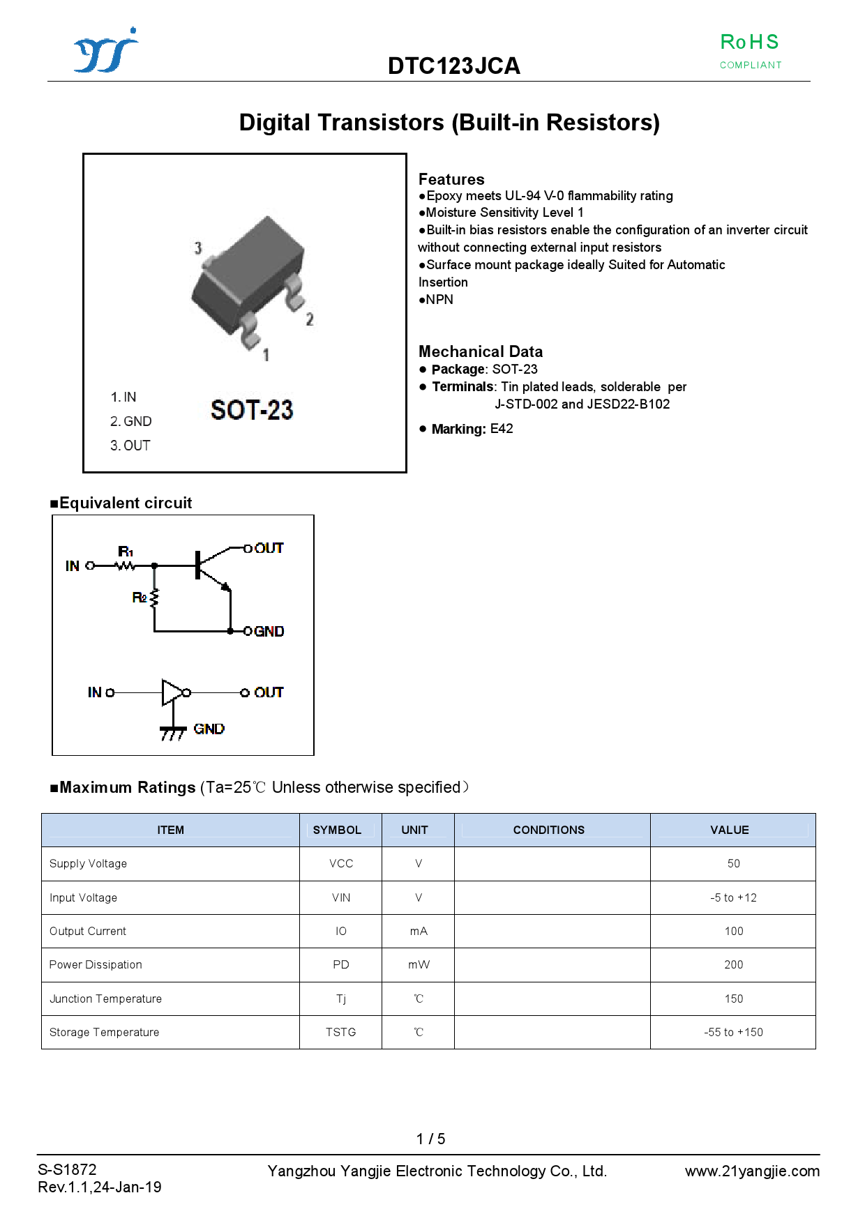 DTC123JCA_（YANGJIE(扬杰)）DTC123JCA中文资料_价格_PDF手册-立创电子商城
