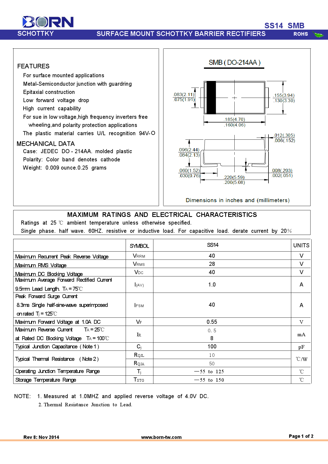 SS14 SMB_（BORN(伯恩半导体)）SS14 SMB中文资料_价格_PDF手册-立创电子商城