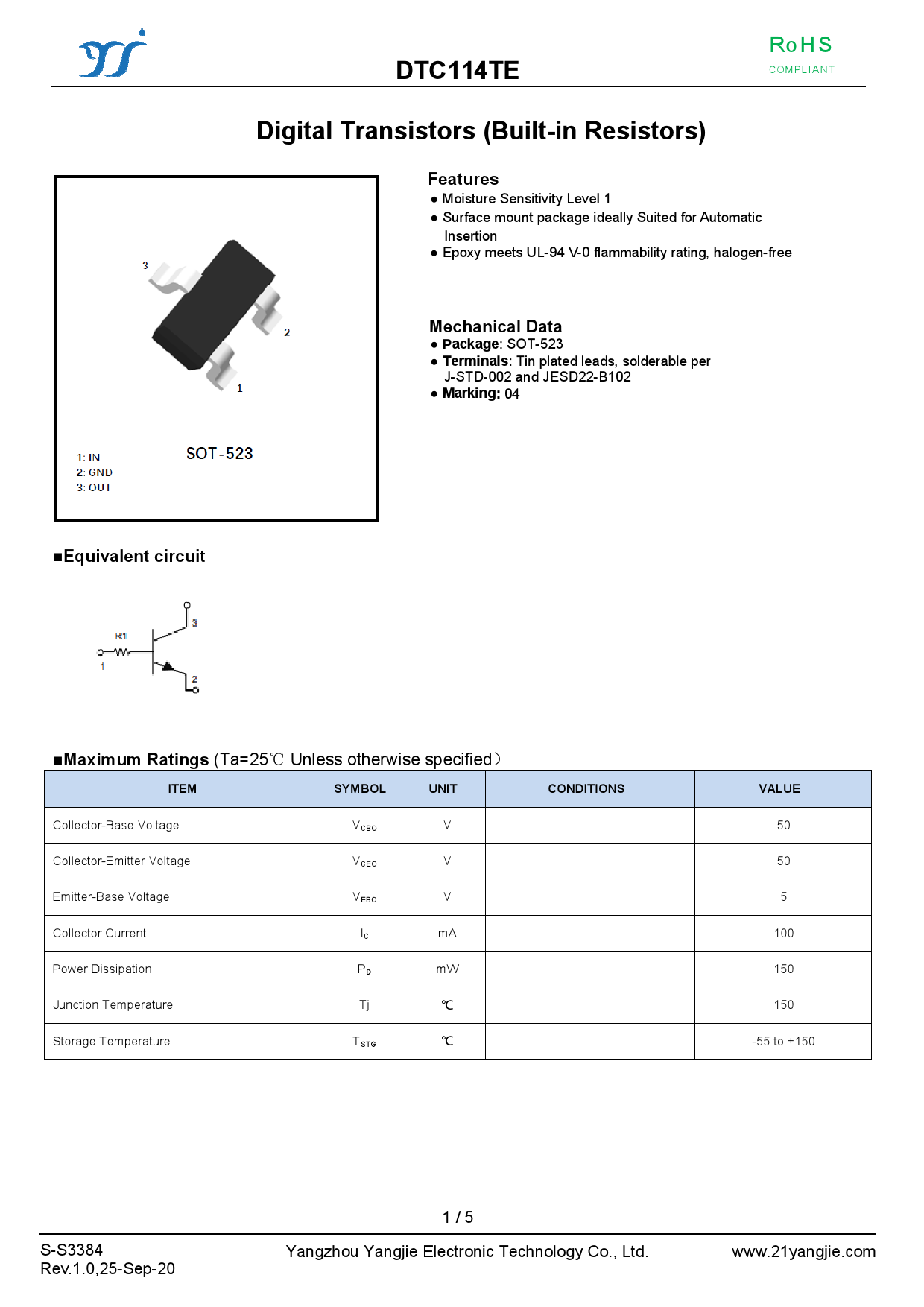 DTC114TE_（YANGJIE(扬杰)）DTC114TE中文资料_价格_PDF手册-立创电子商城