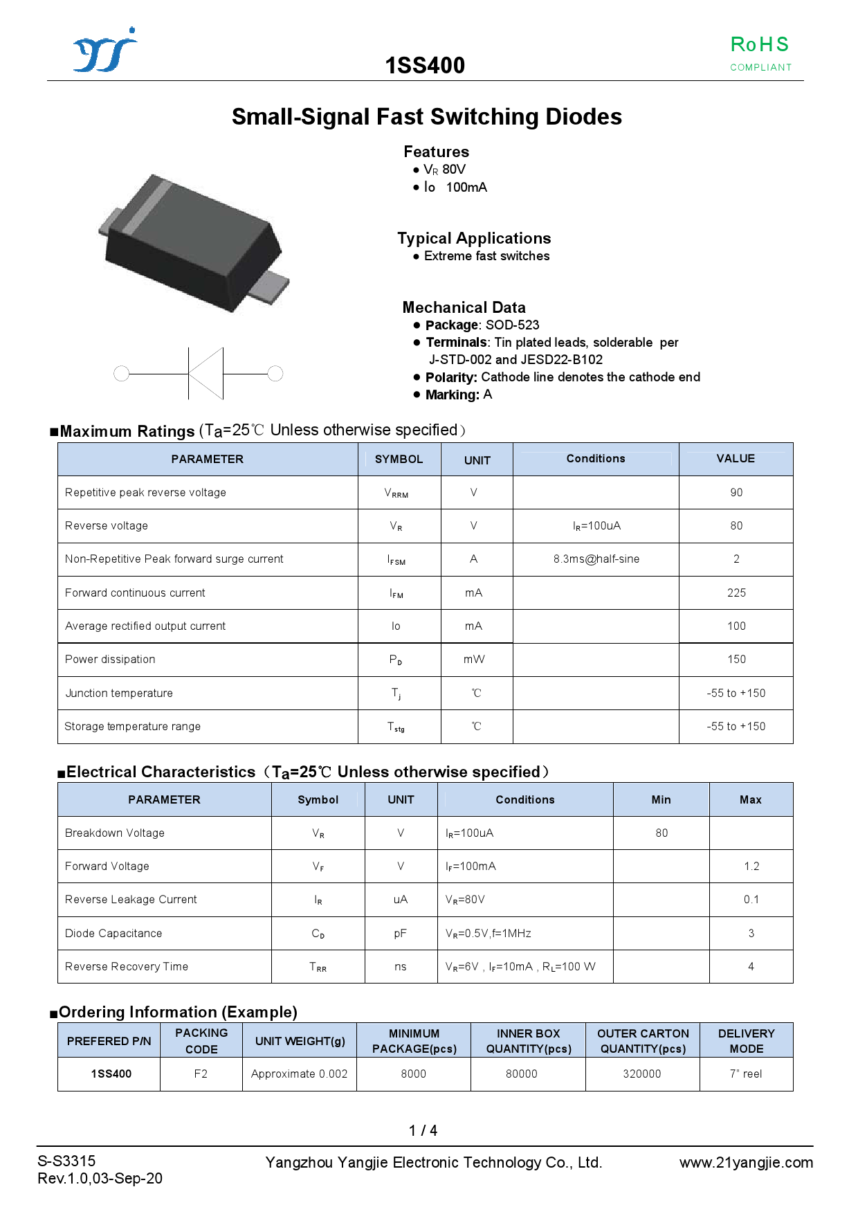 1SS400_（YANGJIE(扬杰)）1SS400中文资料_价格_PDF手册-立创电子商城