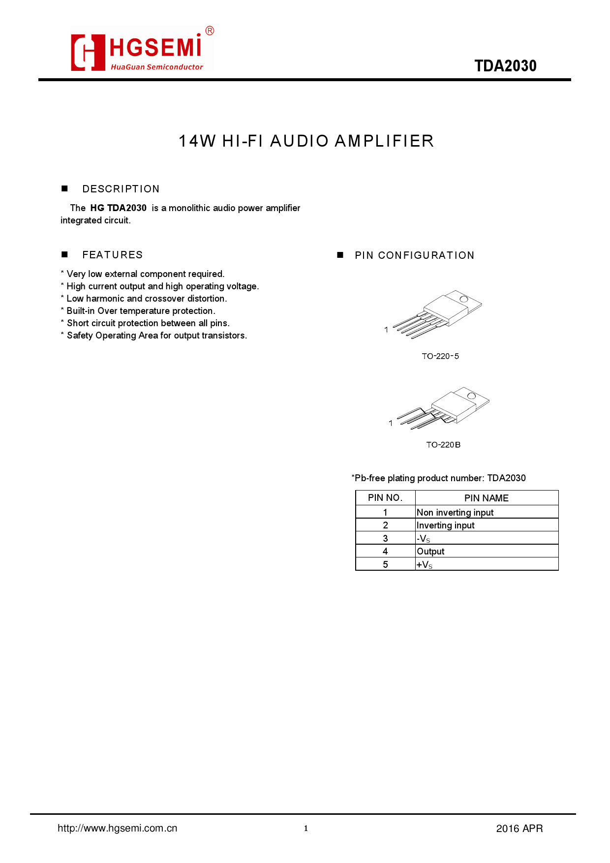 TDA2030_（HGSEMI(华冠)）TDA2030中文资料_价格_PDF手册-立创电子商城