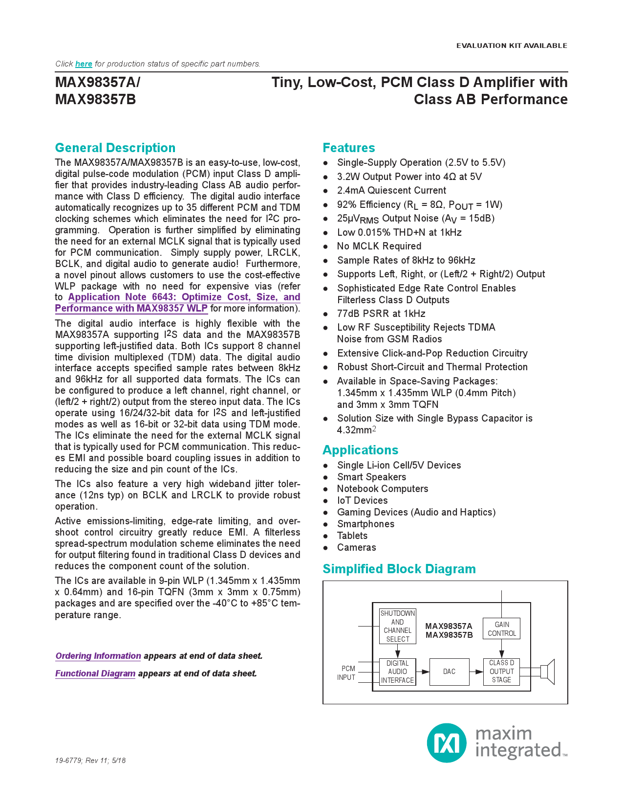 MAX98357AETE+T_（MAXIM(美信)）MAX98357AETE+T中文资料_价格_PDF手册-立创电子商城