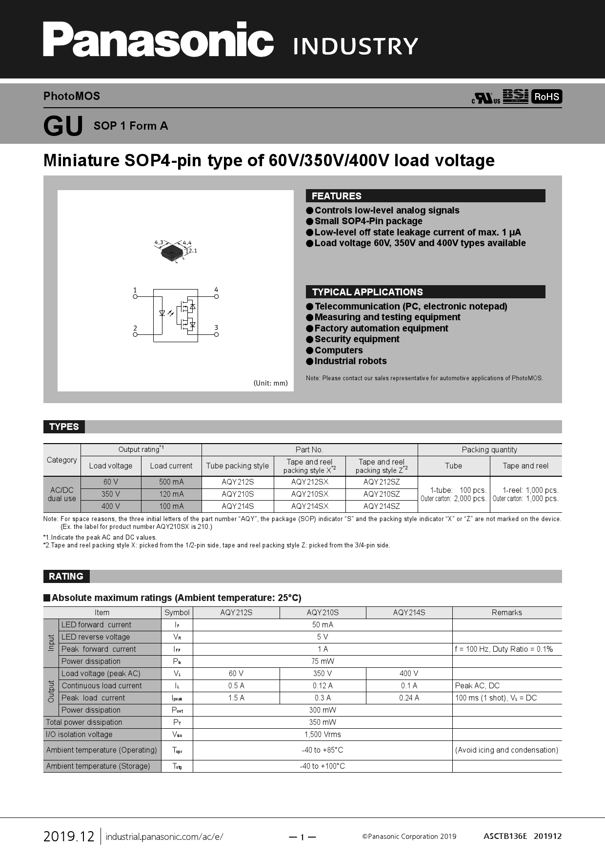 AQY212SX_（PANASONIC(松下)）AQY212SX中文资料_价格_PDF手册-立创电子商城