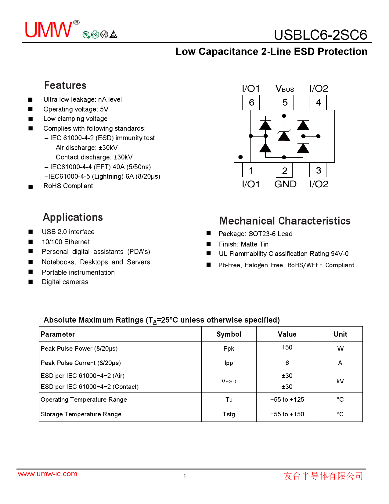 USBLC6-2SC6_（UMW(友台半导体)）USBLC6-2SC6中文资料_价格_PDF手册-立创电子商城