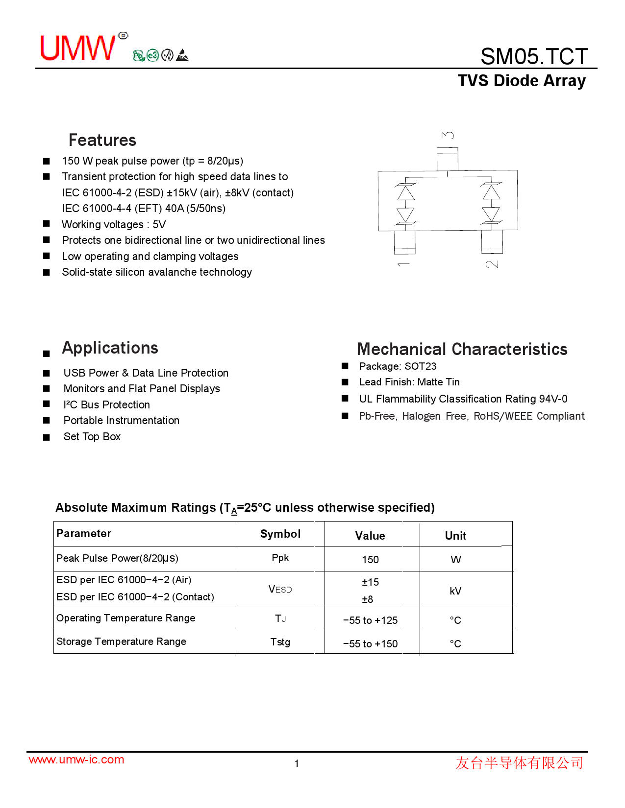 SM05.TCT_（UMW(友台半导体)）SM05.TCT中文资料_价格_PDF手册-立创电子商城