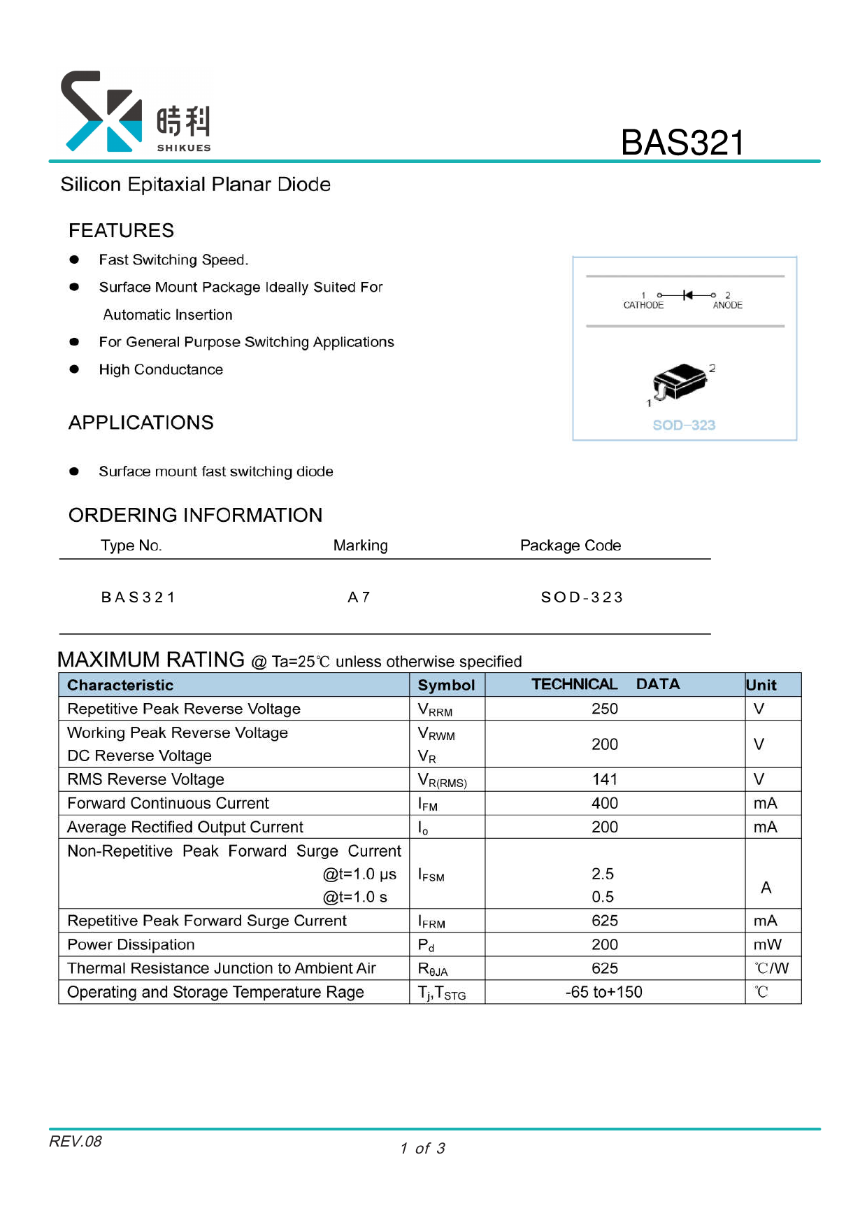 BAS321_（SHIKUES(时科)）BAS321中文资料_价格_PDF手册-立创电子商城