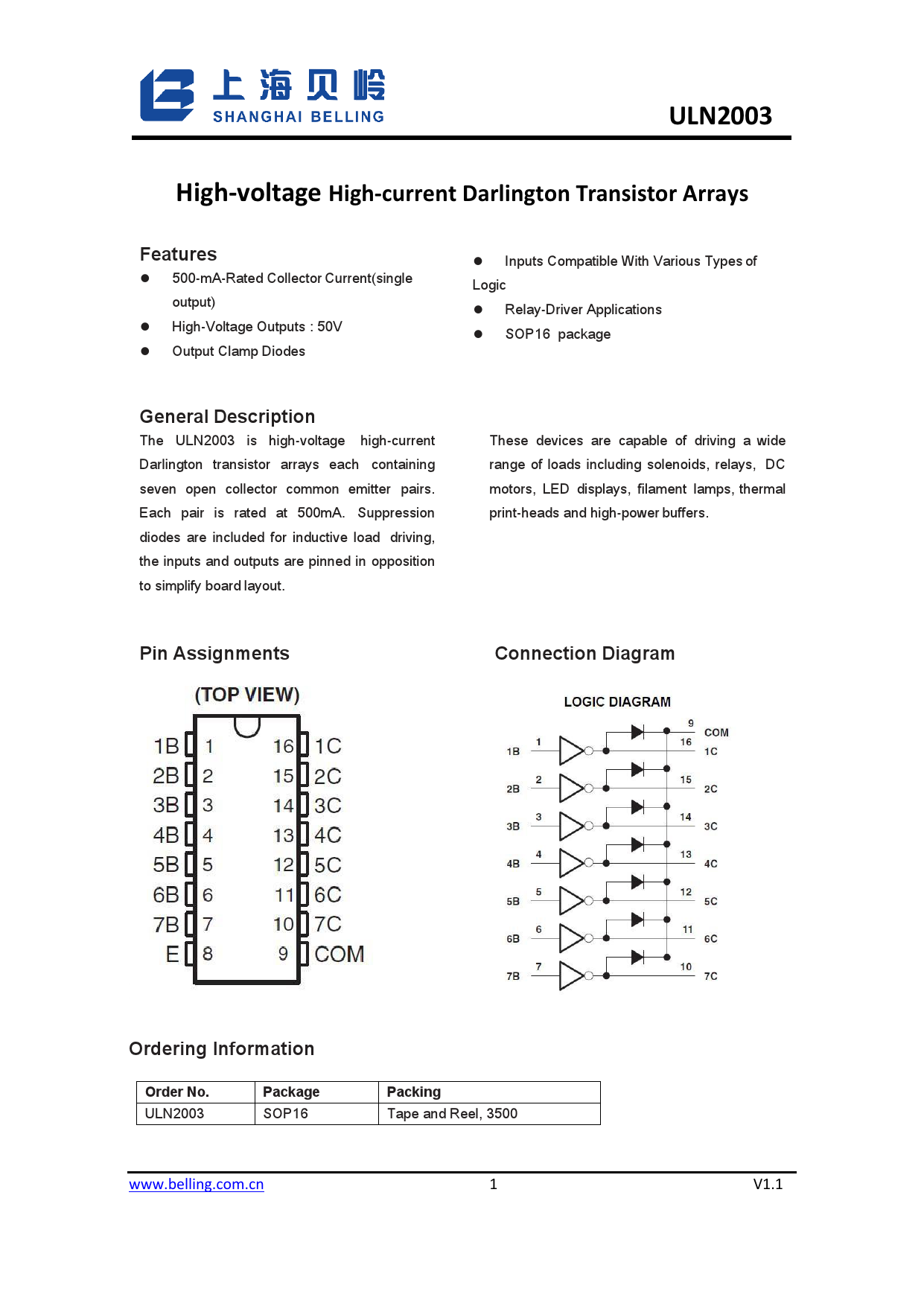 ULN2003_（BL(上海贝岭)）ULN2003中文资料_价格_PDF手册-立创电子商城