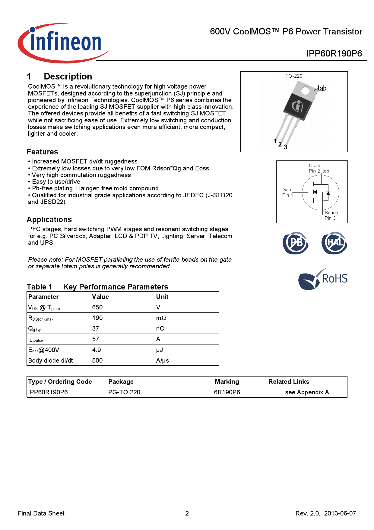 IPP60R190P6_（Infineon(英飞凌)）IPP60R190P6中文资料_价格_PDF手册-立创电子商城