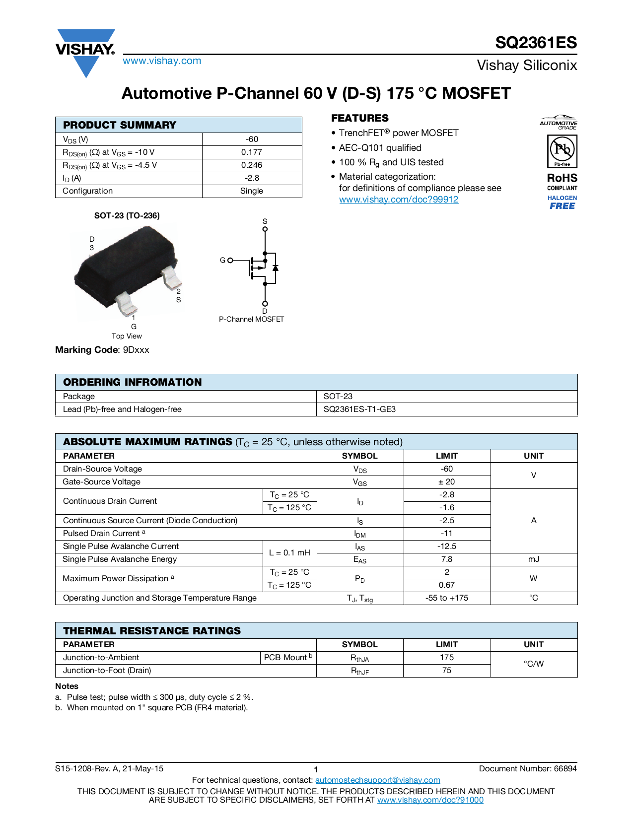 SQ2361ES-T1_GE3_（VISHAY(威世)）SQ2361ES-T1_GE3中文资料_价格_PDF手册-立创电子商城