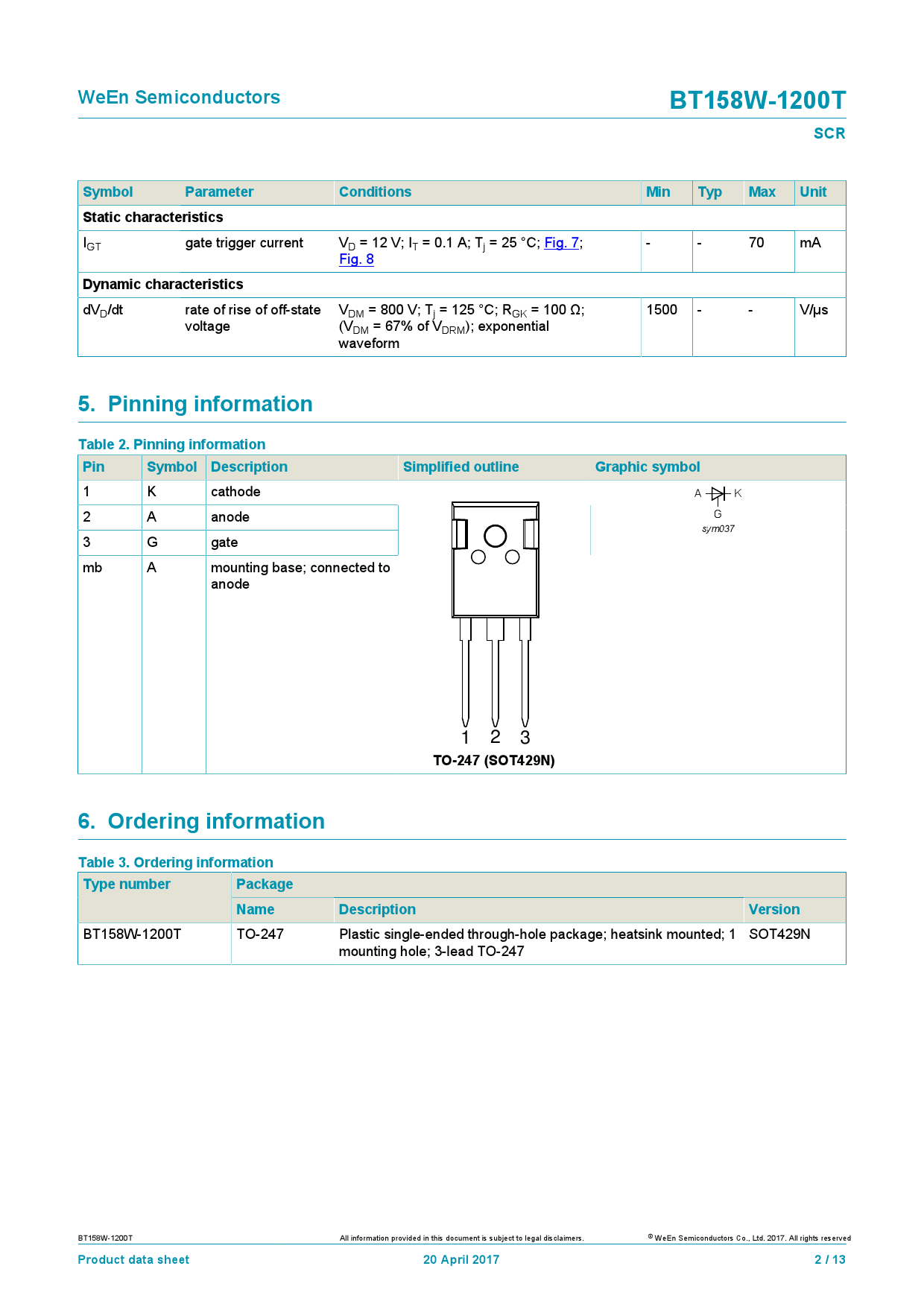 BT158W-1200TQ_（WeEn(瑞能)）BT158W-1200TQ中文资料_价格_PDF手册-立创电子商城