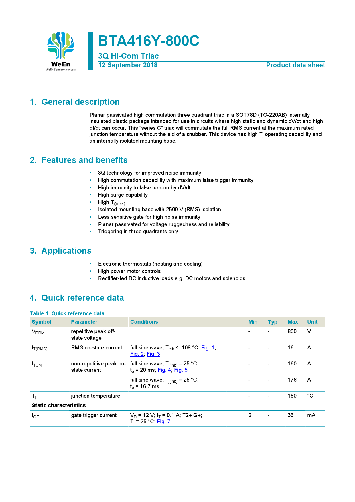 BTA416Y-800C,127_（WeEn(瑞能)）BTA416Y-800C,127中文资料_价格_PDF手册-立创电子商城