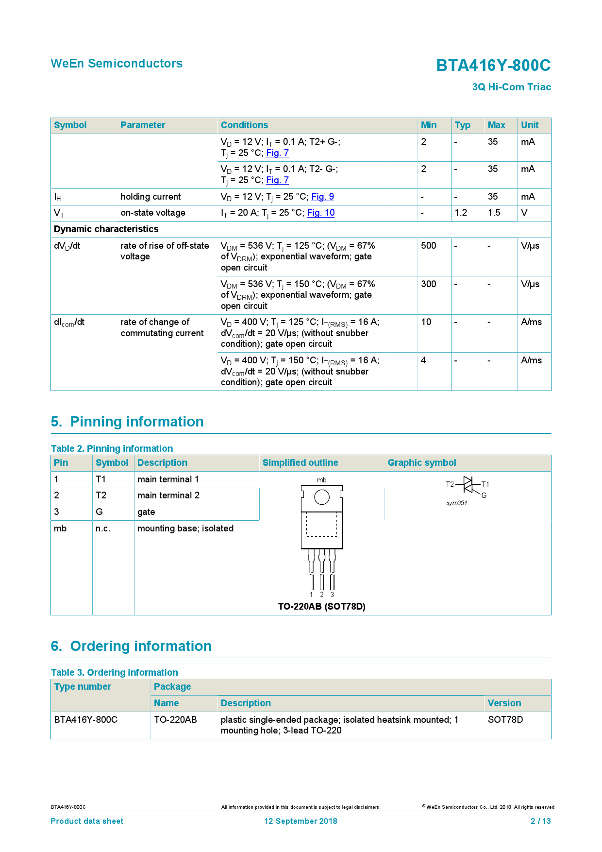 BTA416Y-800C,127_（WeEn(瑞能)）BTA416Y-800C,127中文资料_价格_PDF手册-立创电子商城
