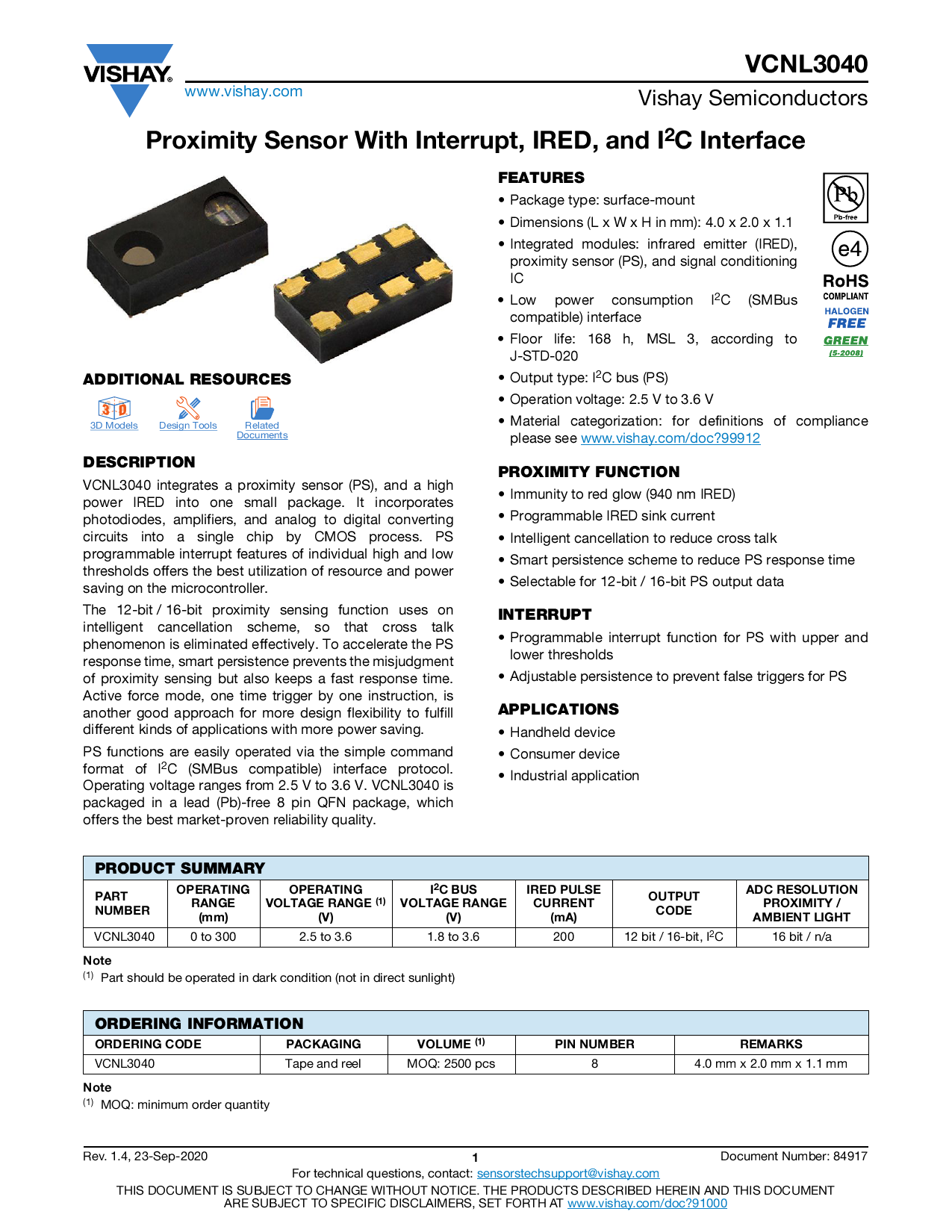 VCNL3040_（VISHAY(威世)）VCNL3040中文资料_价格_PDF手册-立创电子商城
