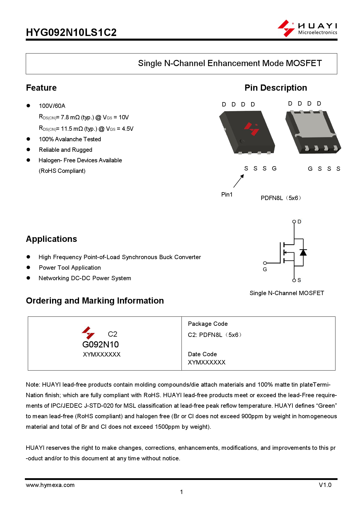 HYG092N10LS1C2_（HUAYI(华羿微)）HYG092N10LS1C2中文资料_价格_PDF手册-立创电子商城