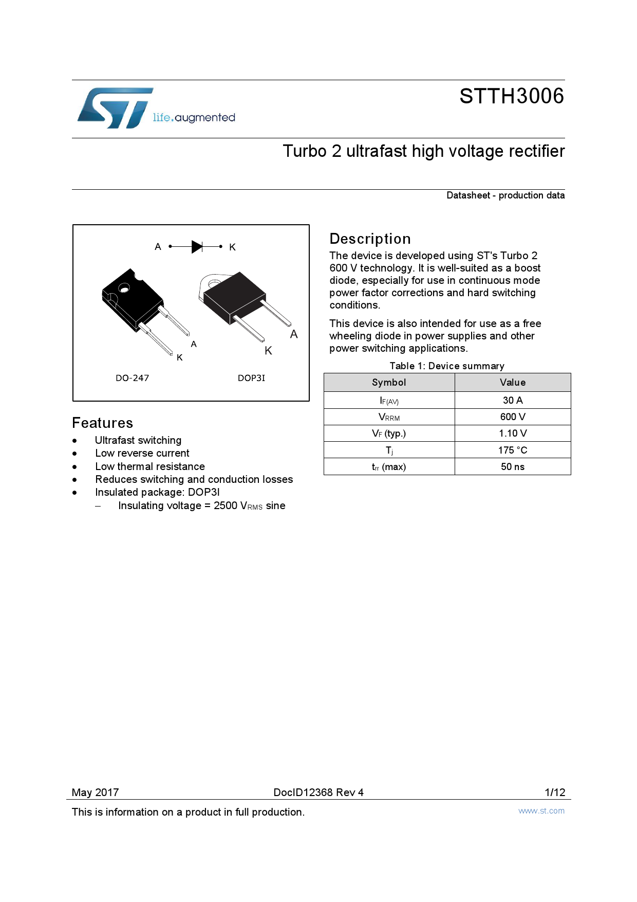 STTH3006W_（ST(意法半导体)）STTH3006W中文资料_价格_PDF手册-立创电子商城