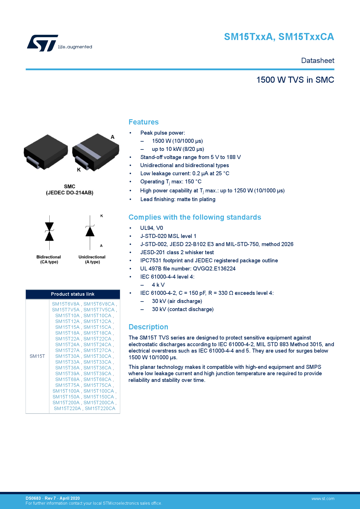 SM15T39CA_（ST(意法半导体)）SM15T39CA中文资料_价格_PDF手册-立创电子商城