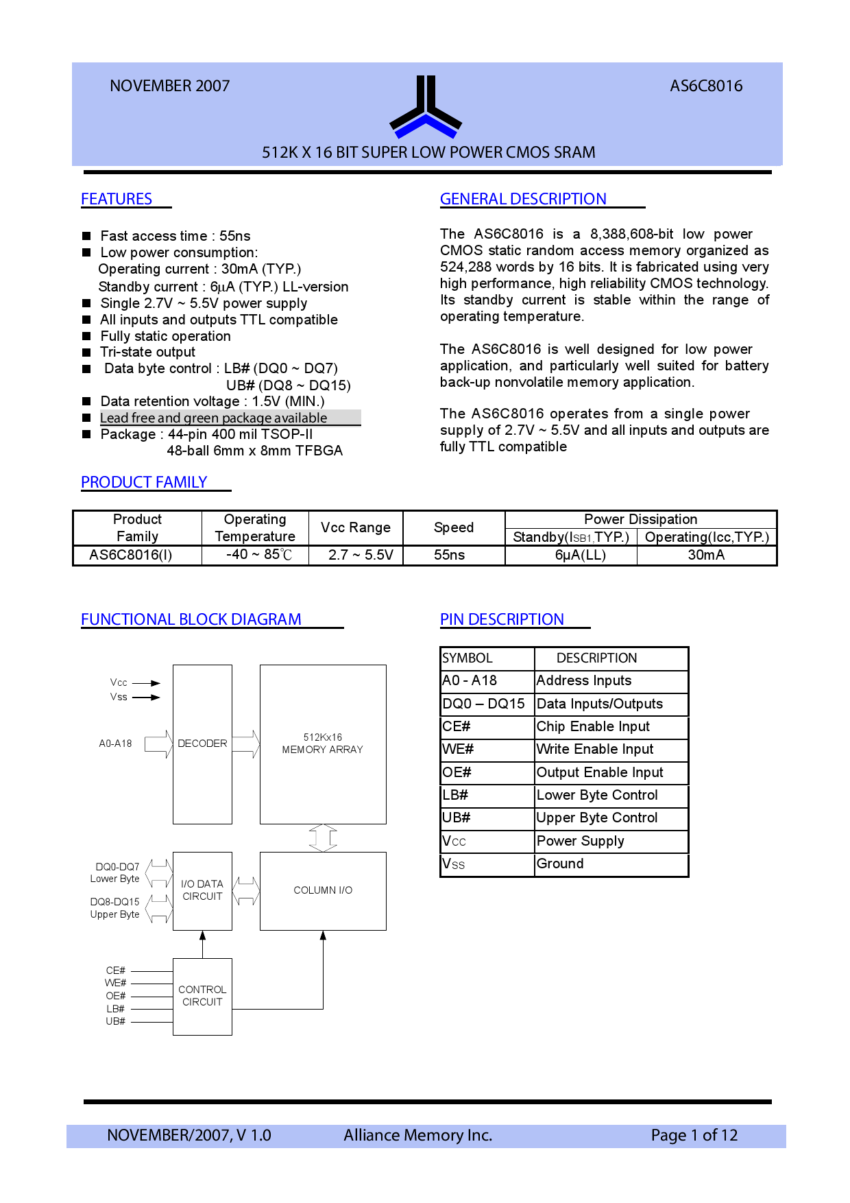 AS6C8016-55ZIN_（Alliance Memory）AS6C8016-55ZIN中文资料_价格_PDF手册-立创电子商城