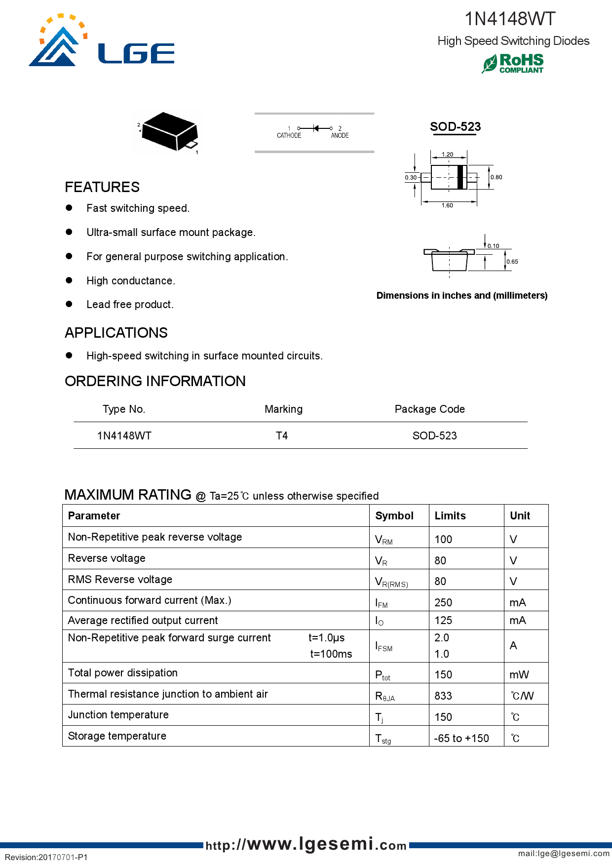 1N4148WT_（LGE(鲁光)）1N4148WT中文资料_价格_PDF手册-立创电子商城