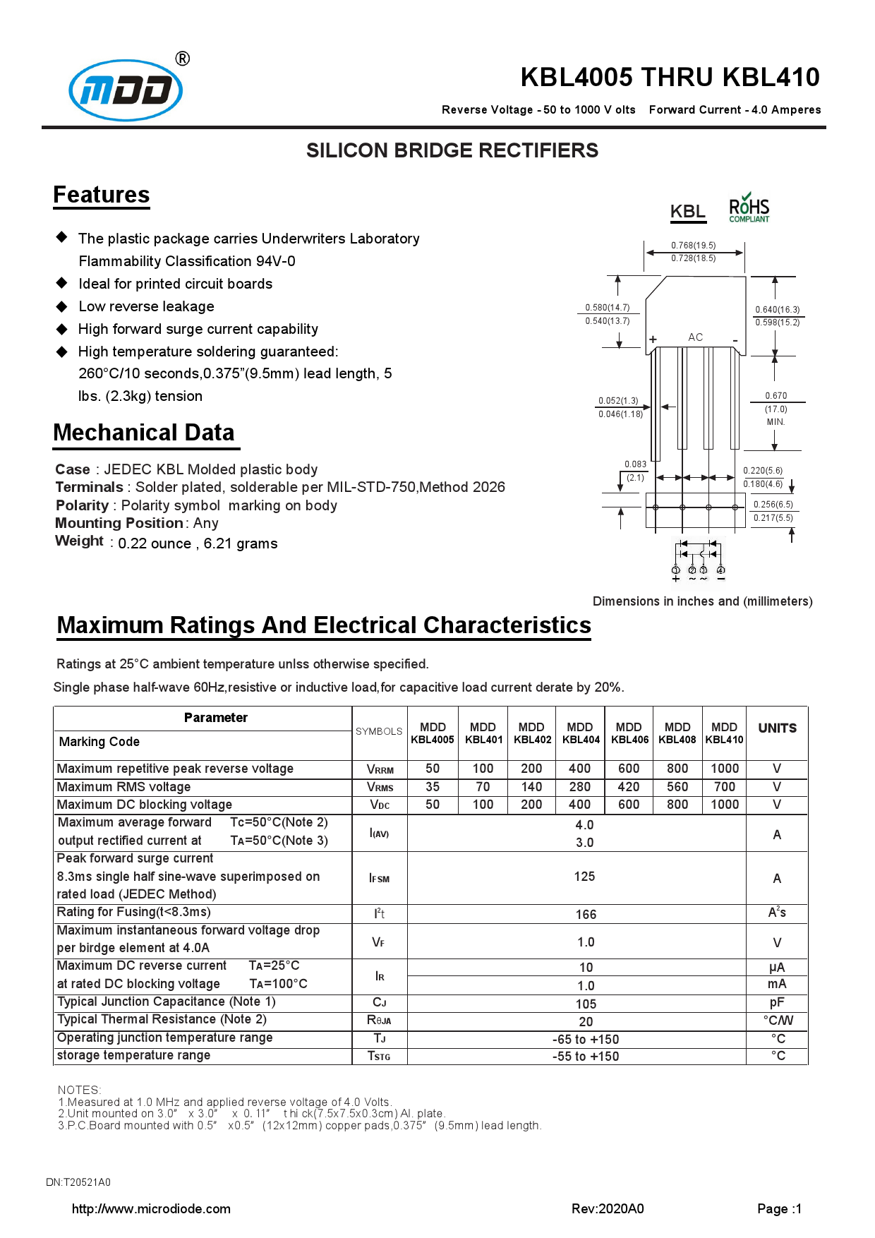 KBL406_（MDD）KBL406中文资料_价格_PDF手册-立创电子商城