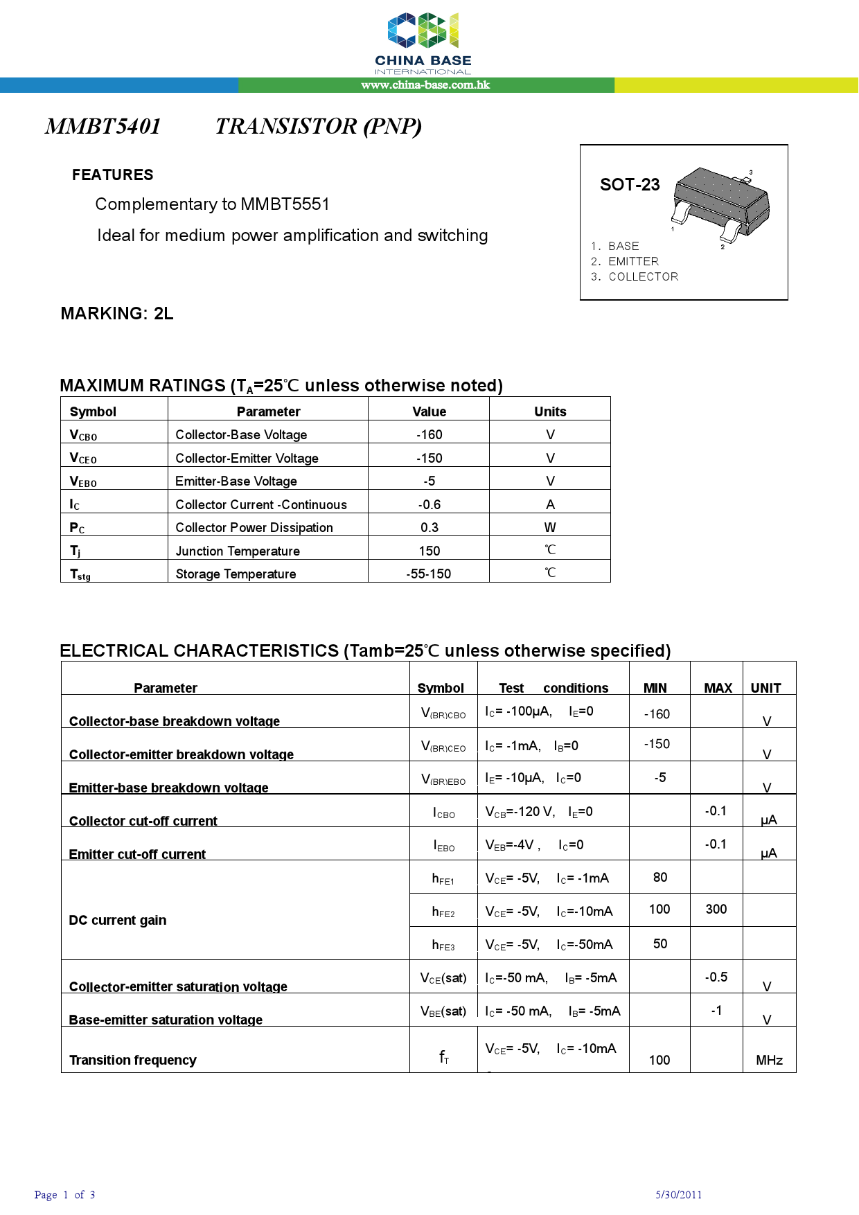 MMBT5401 2L_（CBI(创基)）MMBT5401 2L中文资料_价格_PDF手册-立创电子商城