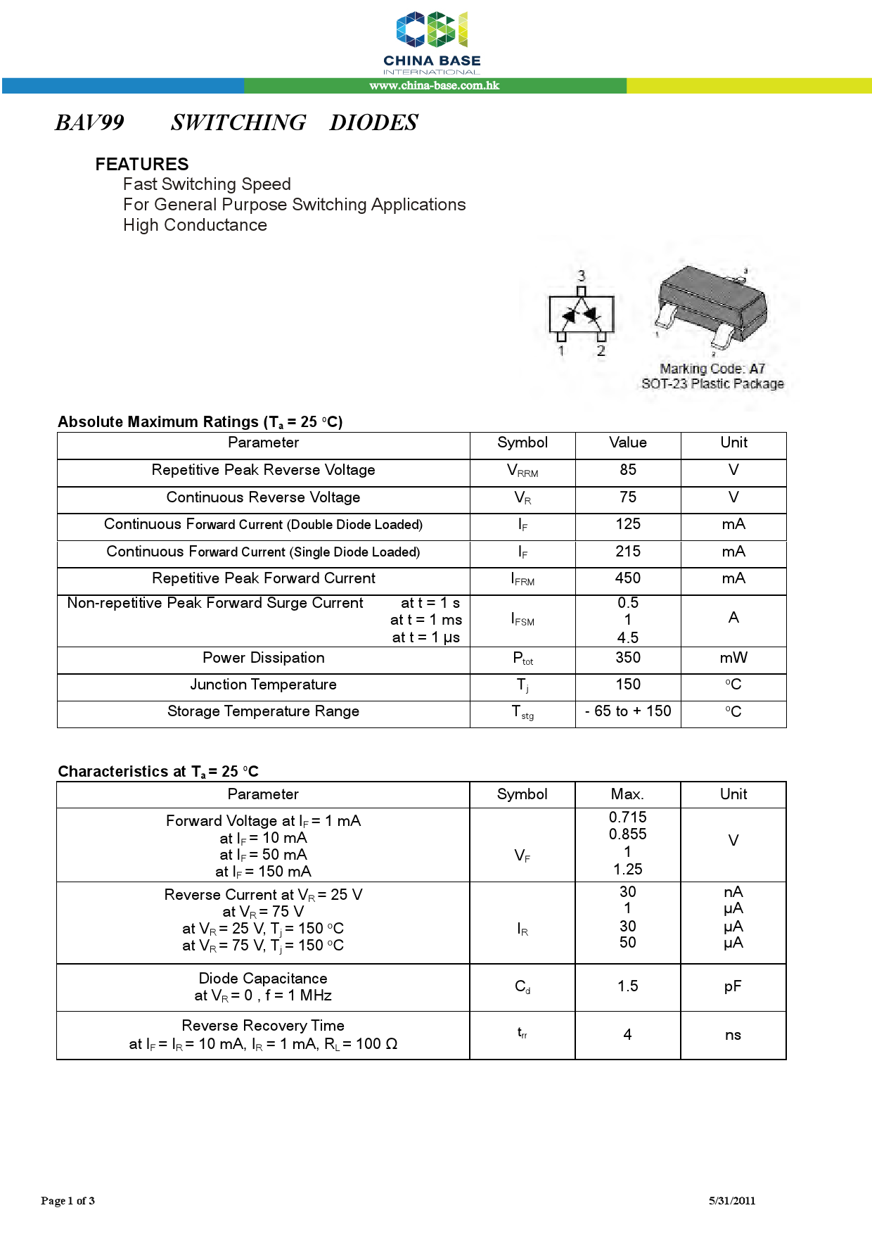 BAV99 A7_（CBI(创基)）BAV99 A7中文资料_价格_PDF手册-立创电子商城