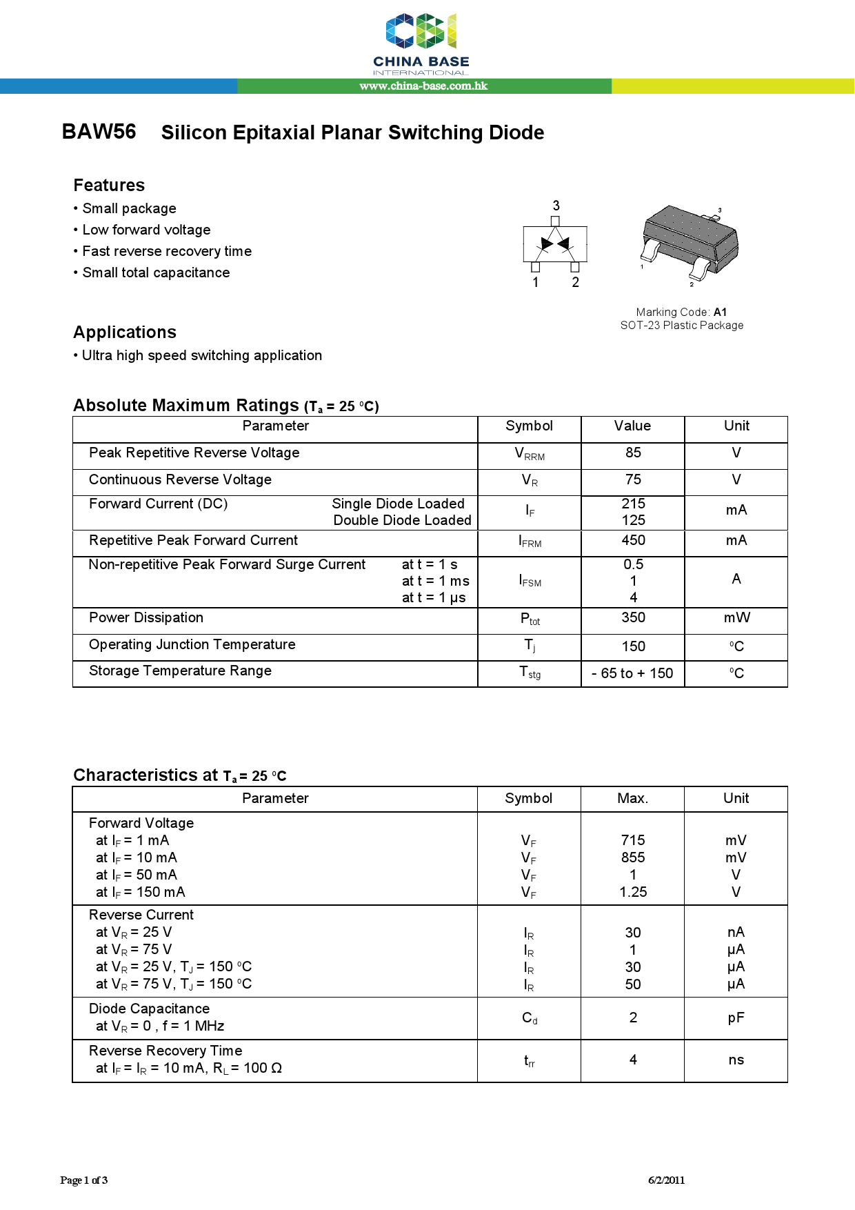 BAW56 A1_（CBI(创基)）BAW56 A1中文资料_价格_PDF手册-立创电子商城