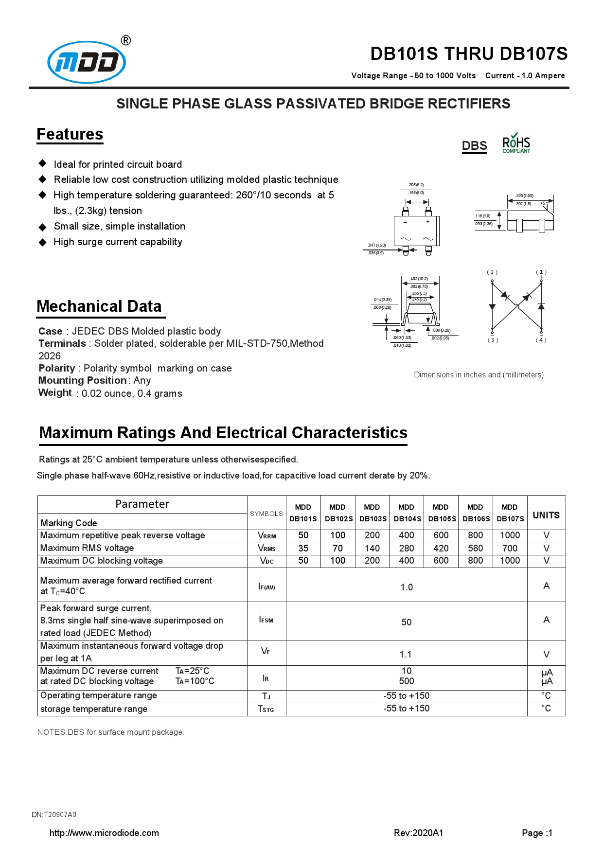 DB107S_（MDD）DB107S中文资料_价格_PDF手册-立创电子商城