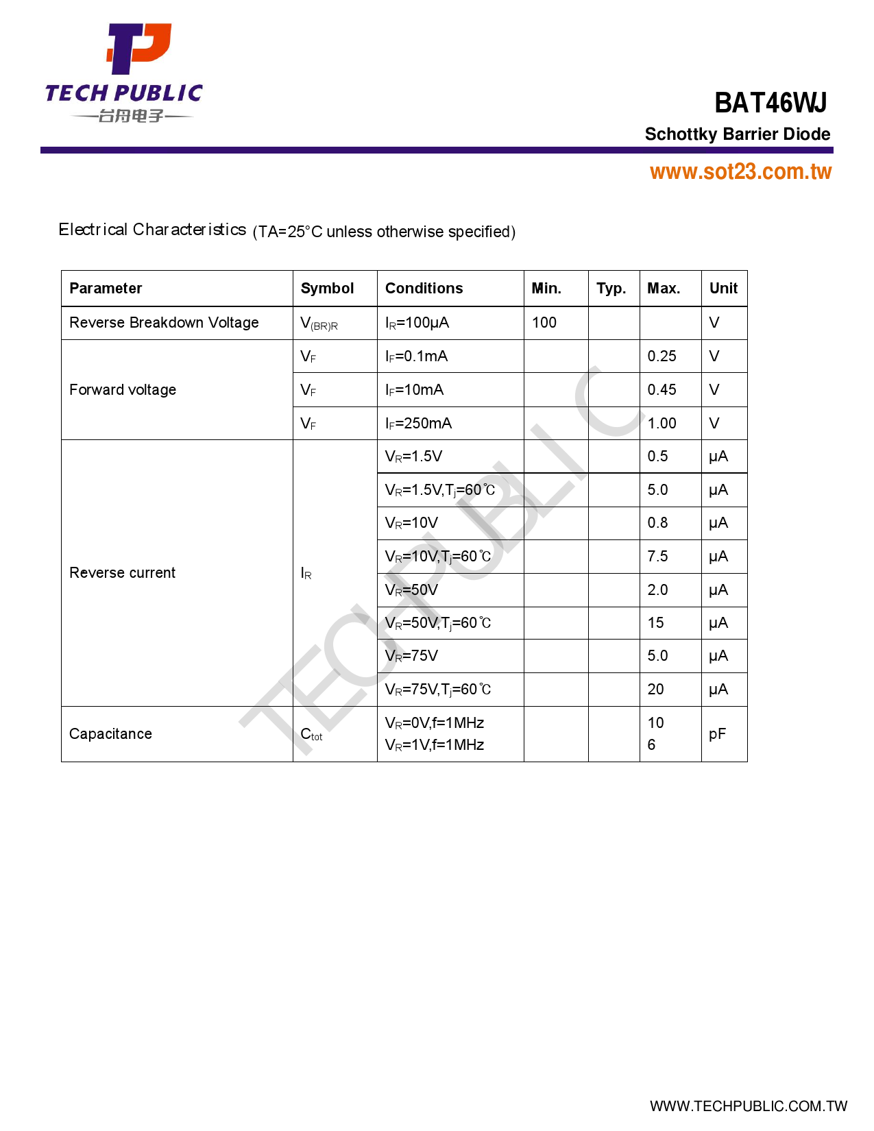 BAT46WJ_（TECH PUBLIC(台舟)）BAT46WJ中文资料_价格_PDF手册-立创电子商城