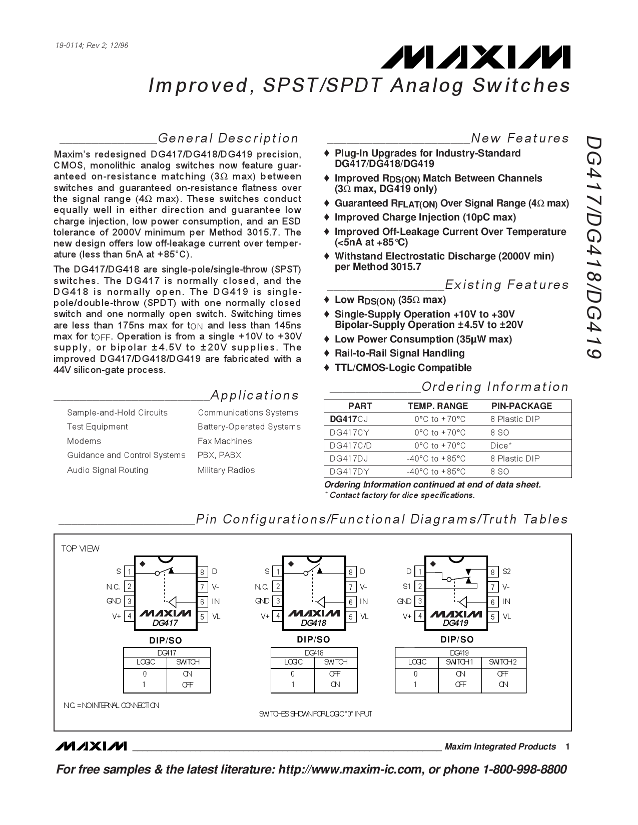DG419DY+_（MAXIM(美信)）DG419DY+中文资料_价格_PDF手册-立创电子商城