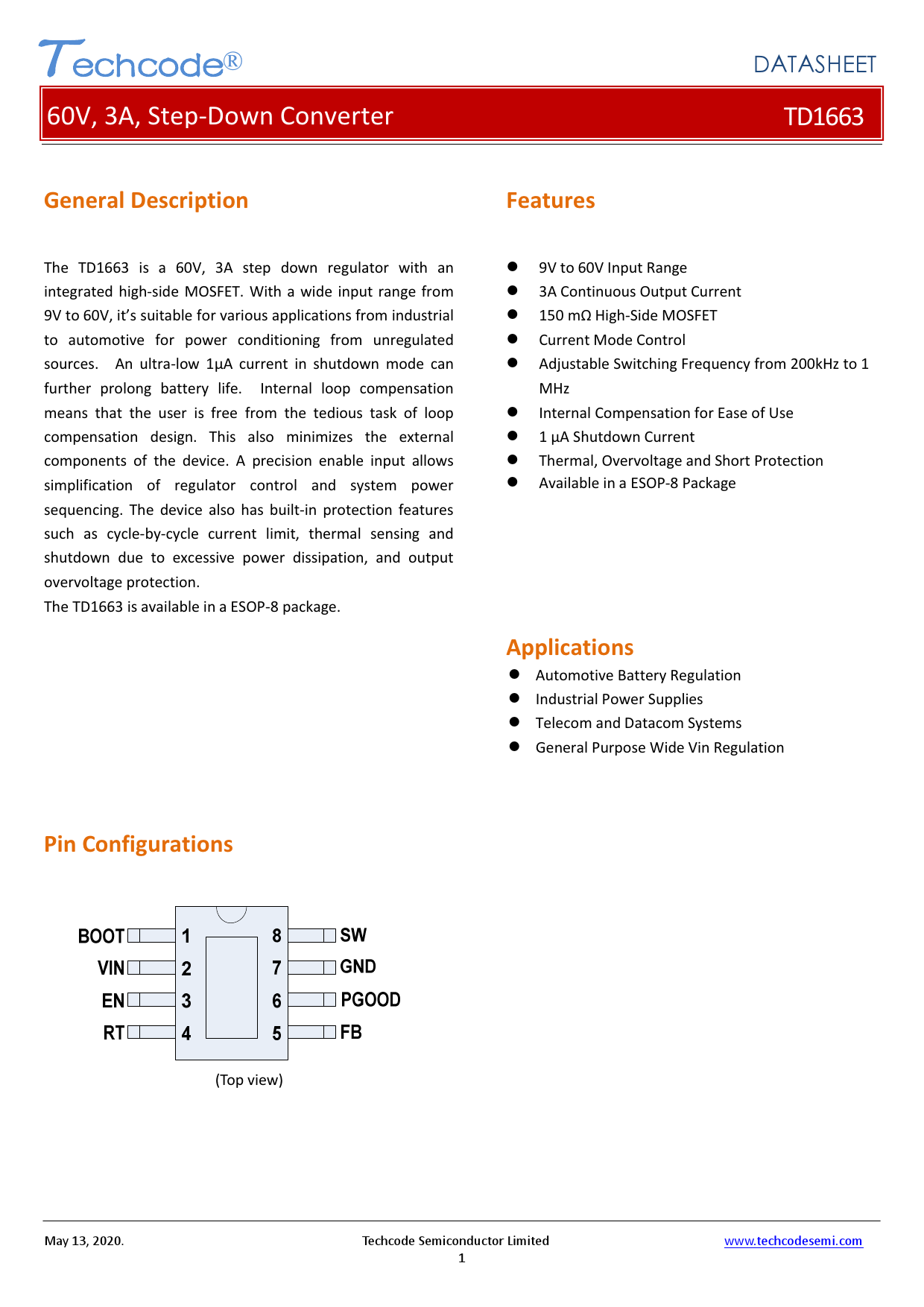 TD1663_（Techcode(泰德)）TD1663中文资料_价格_PDF手册-立创电子商城