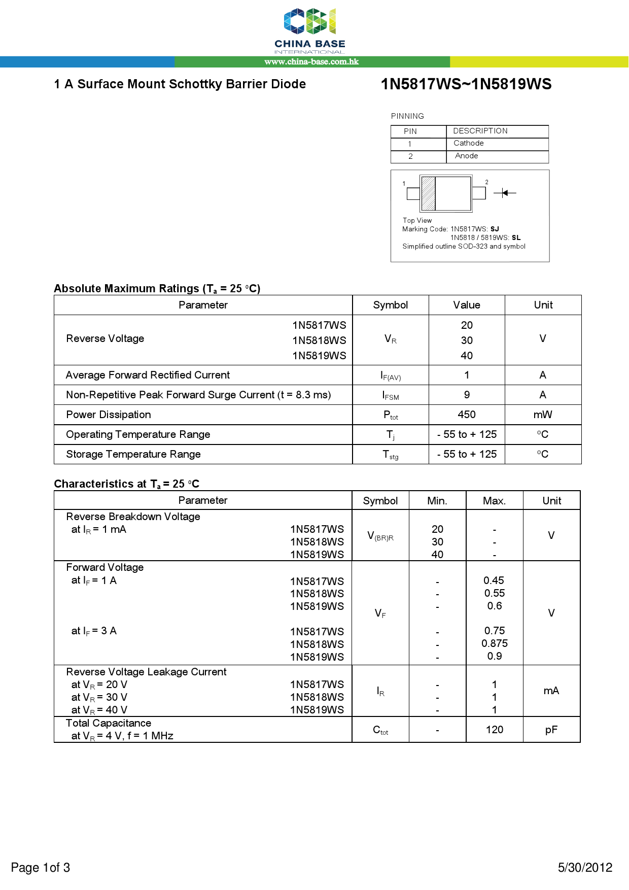 1N5819WS SL_（CBI(创基)）1N5819WS SL中文资料_价格_PDF手册-立创电子商城