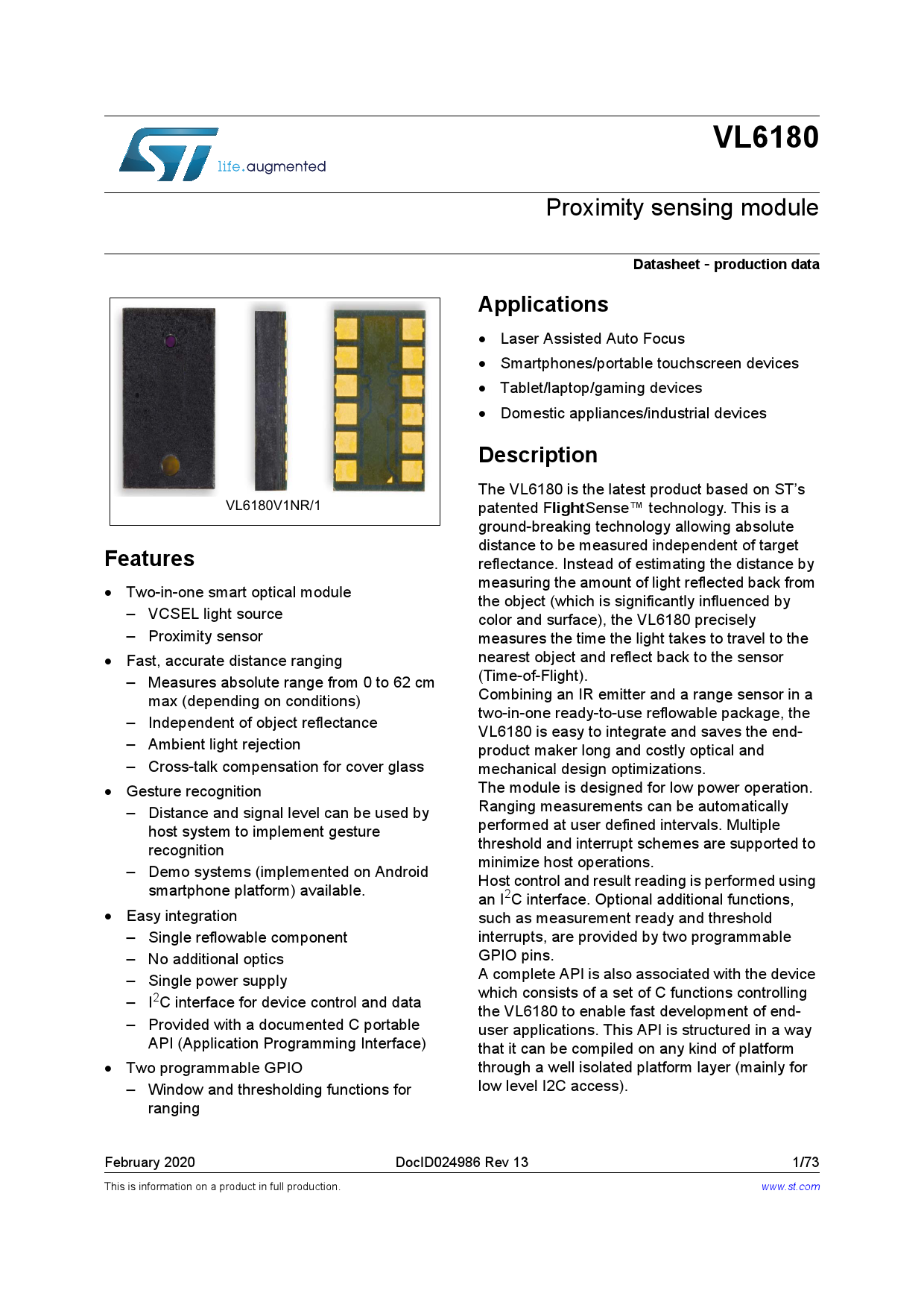VL6180V1NR/1_（ST(意法半导体)）VL6180V1NR/1中文资料_价格_PDF手册-立创电子商城