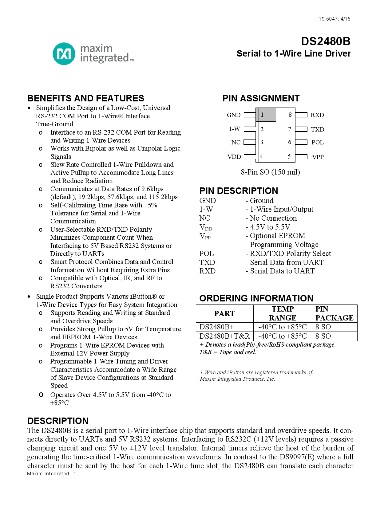DS2480B+T&R_（ADI(亚德诺)/MAXIM(美信)）DS2480B+T&R中文资料_价格_PDF手册-立创电子商城