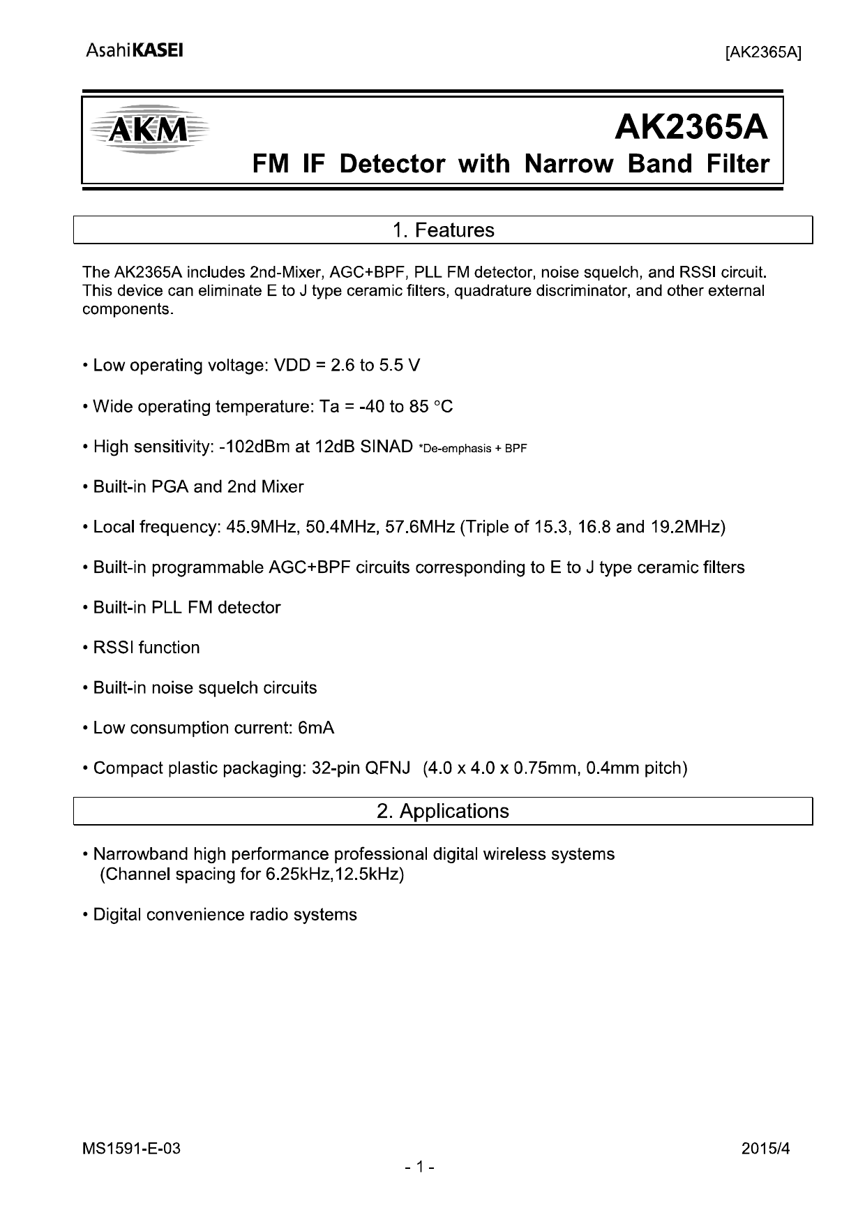 AK2365A_（AKM）AK2365A中文资料_价格_PDF手册-立创电子商城