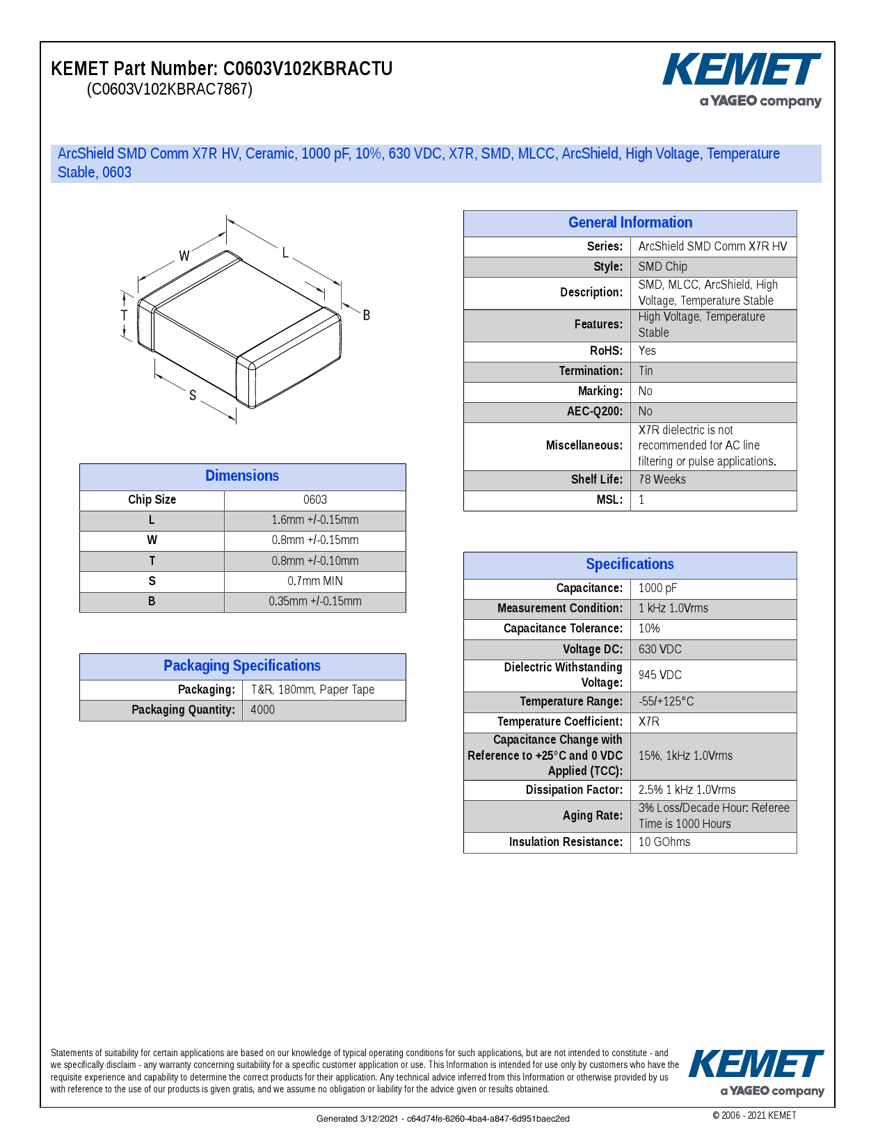 C0603V102KBRAC7867_（KEMET(基美)）C0603V102KBRAC7867中文资料_价格_PDF手册-立创电子商城