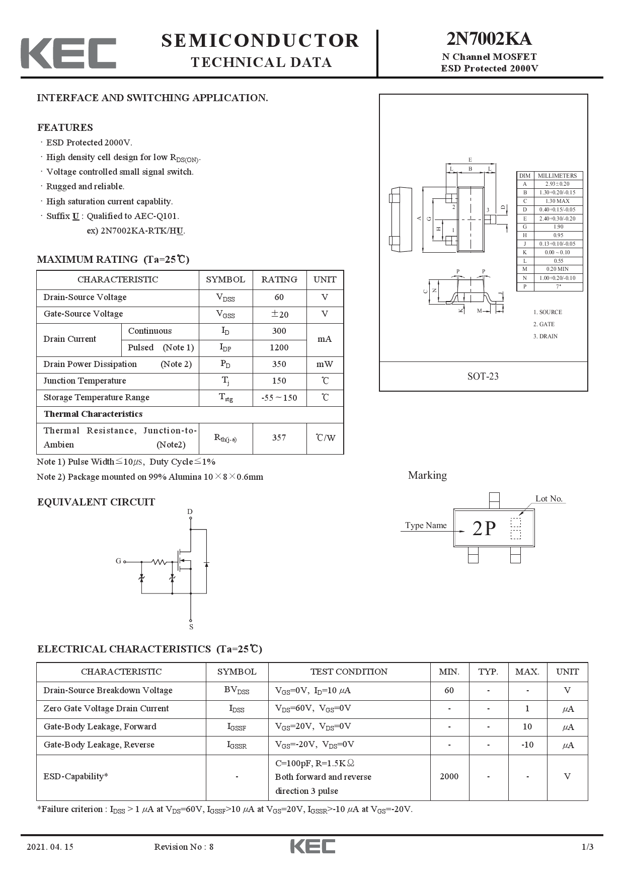 2N7002KA-RTK/H_（KEC）2N7002KA-RTK/H中文资料_价格_PDF手册-立创电子商城