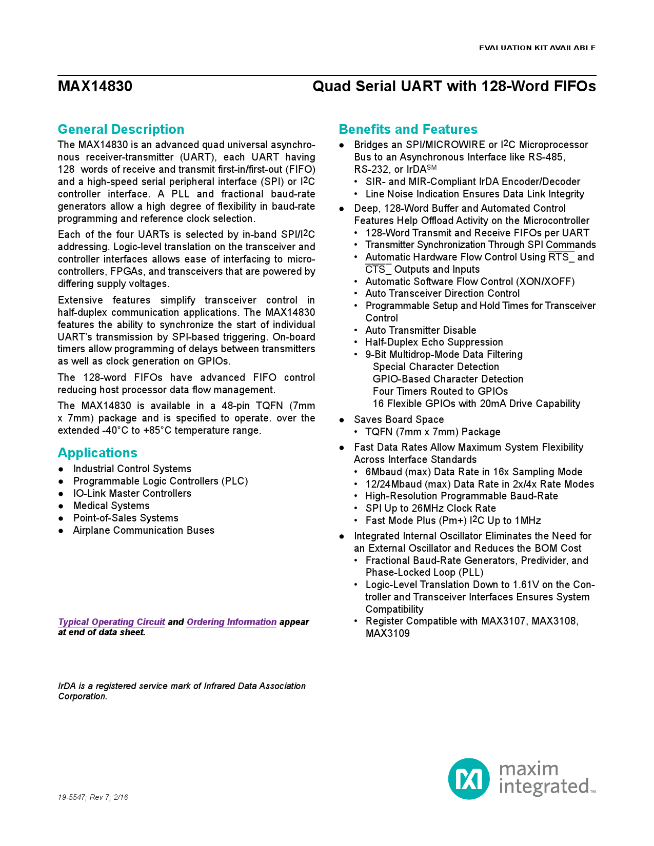 MAX14830ETM+_（ADI(亚德诺)/MAXIM(美信)）MAX14830ETM+中文资料_价格_PDF手册-立创电子商城