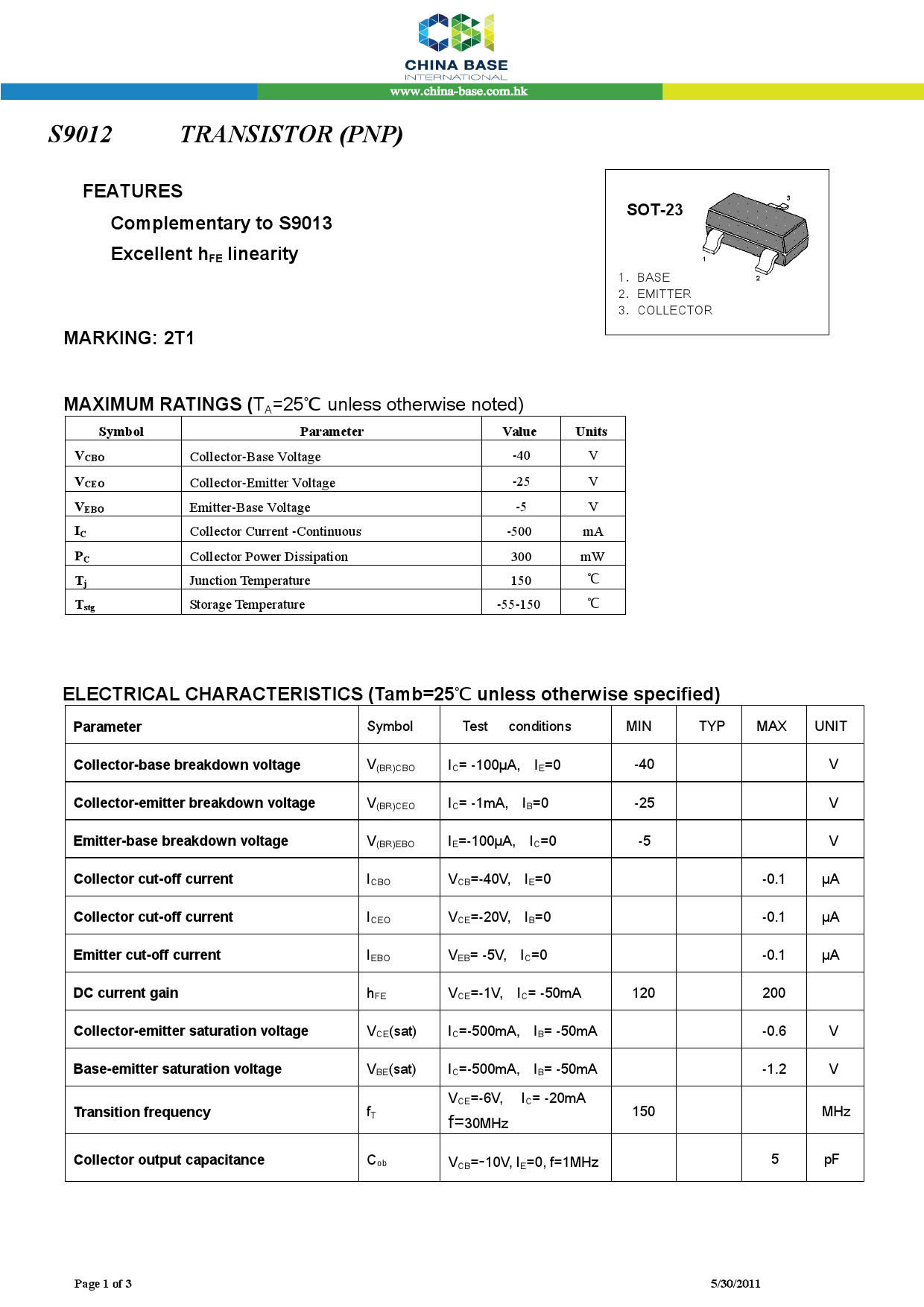 S9012 2T1_（CBI(创基)）S9012 2T1中文资料_价格_PDF手册-立创电子商城