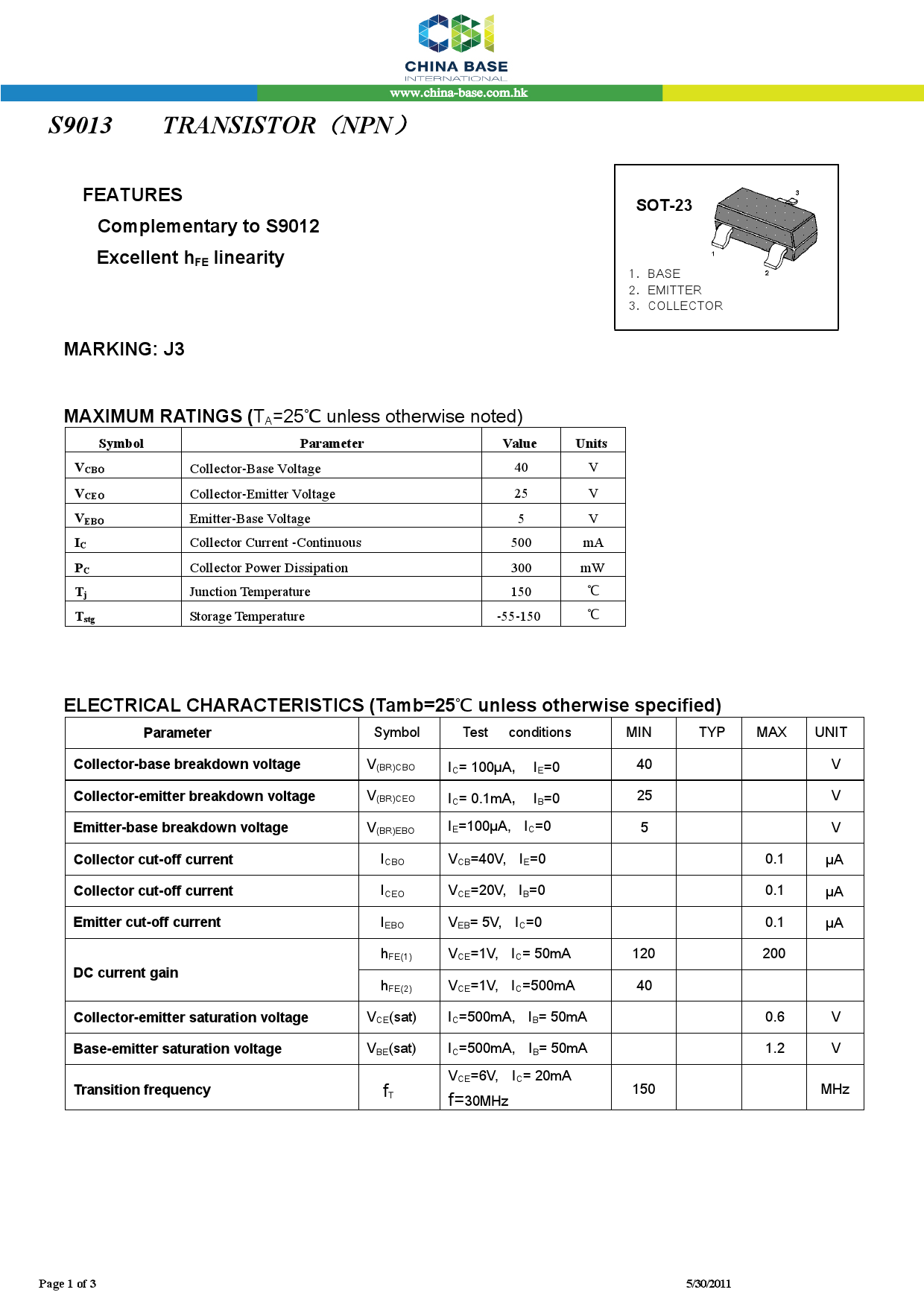 S9013 J3_（CBI(创基)）S9013 J3中文资料_价格_PDF手册-立创电子商城