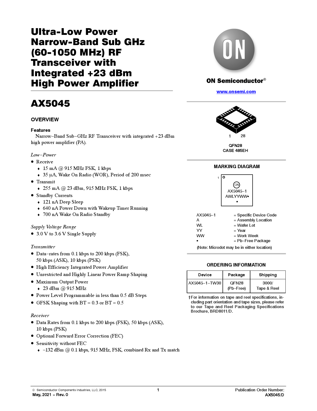AX5043-1-TW30_（onsemi(安森美)）AX5043-1-TW30中文资料_价格_PDF手册-立创电子商城