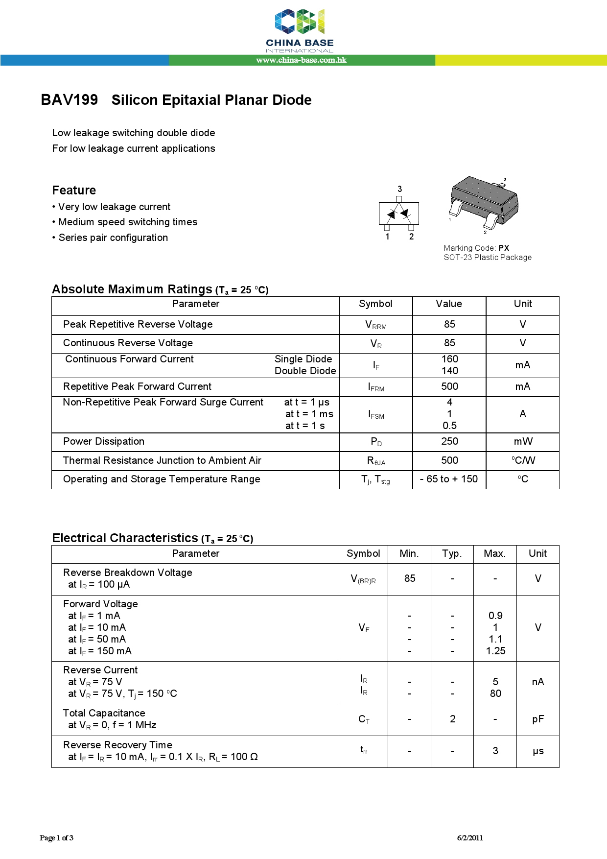 BAV199 PX_（CBI(创基)）BAV199 PX中文资料_价格_PDF手册-立创电子商城