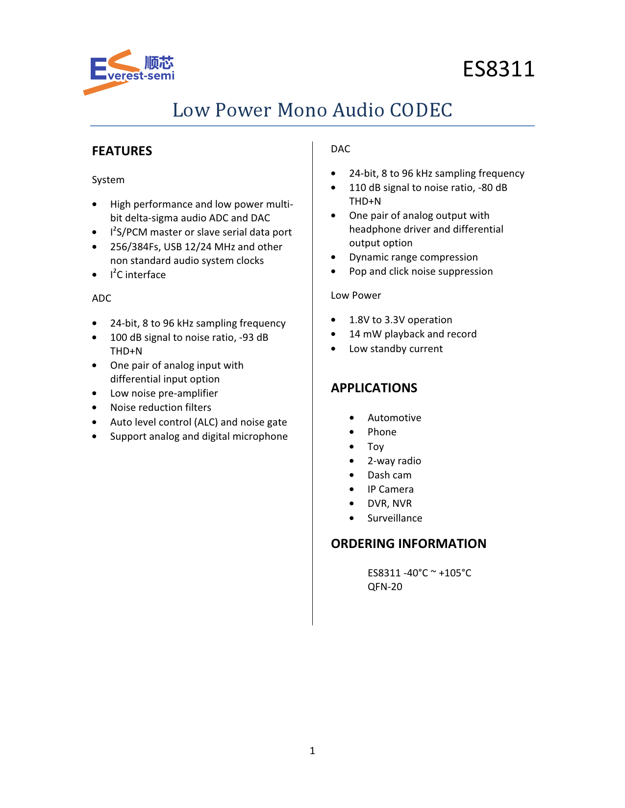ES8311_（Everest-semi(顺芯)）ES8311中文资料_价格_PDF手册-立创电子商城