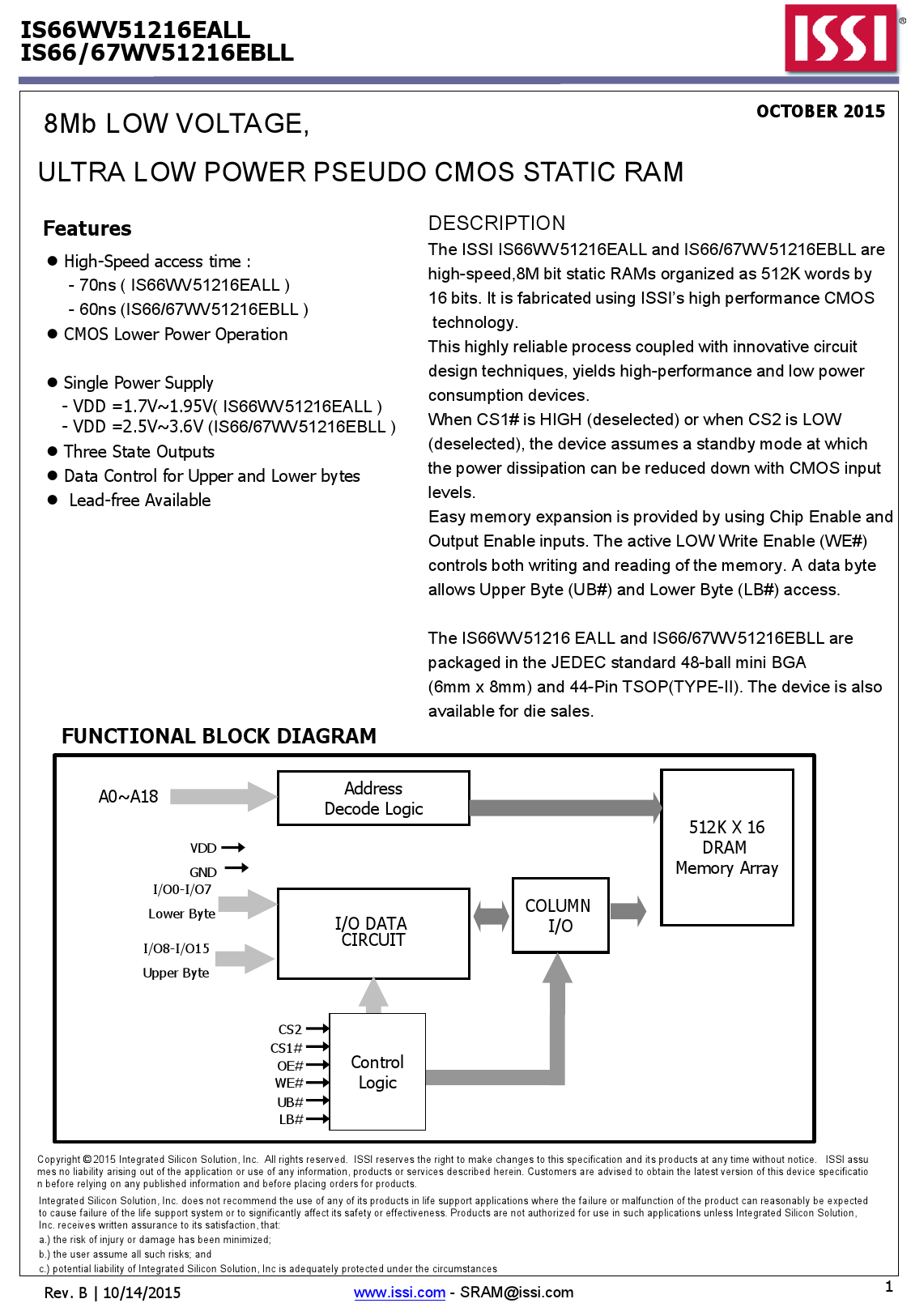 IS66WV51216EBLL-55TLI_（ISSI(美国芯成)）IS66WV51216EBLL-55TLI中文资料_价格_PDF手册-立创电子商城