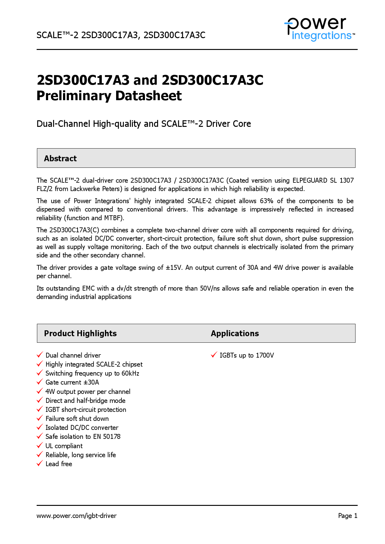 2SD300C17A3_（Power Integrations(帕沃英蒂格盛)）2SD300C17A3中文资料_价格_PDF手册-立创电子商城