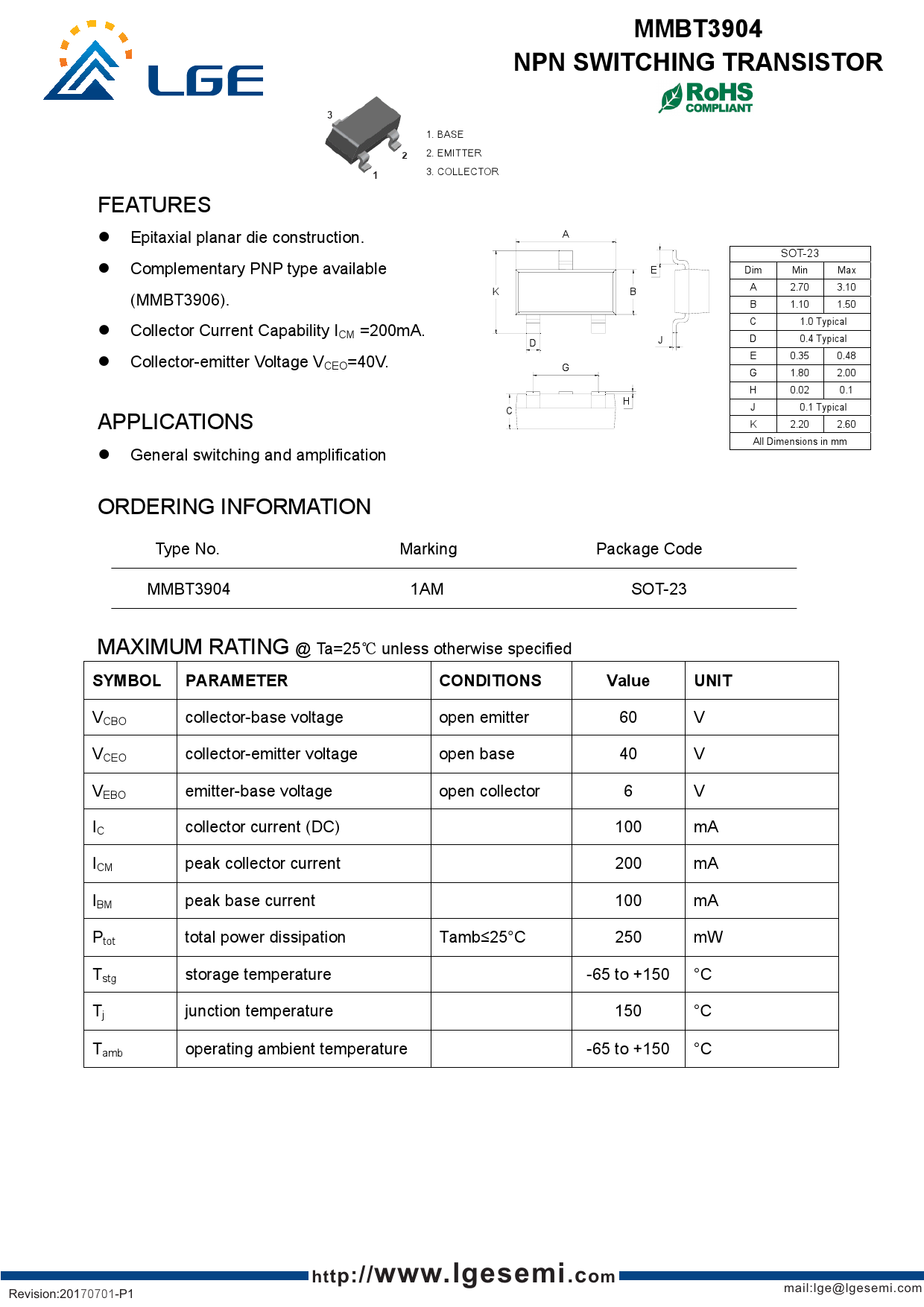 MMBT3904 1AM_（LGE(鲁光)）MMBT3904 1AM中文资料_价格_PDF手册-立创电子商城